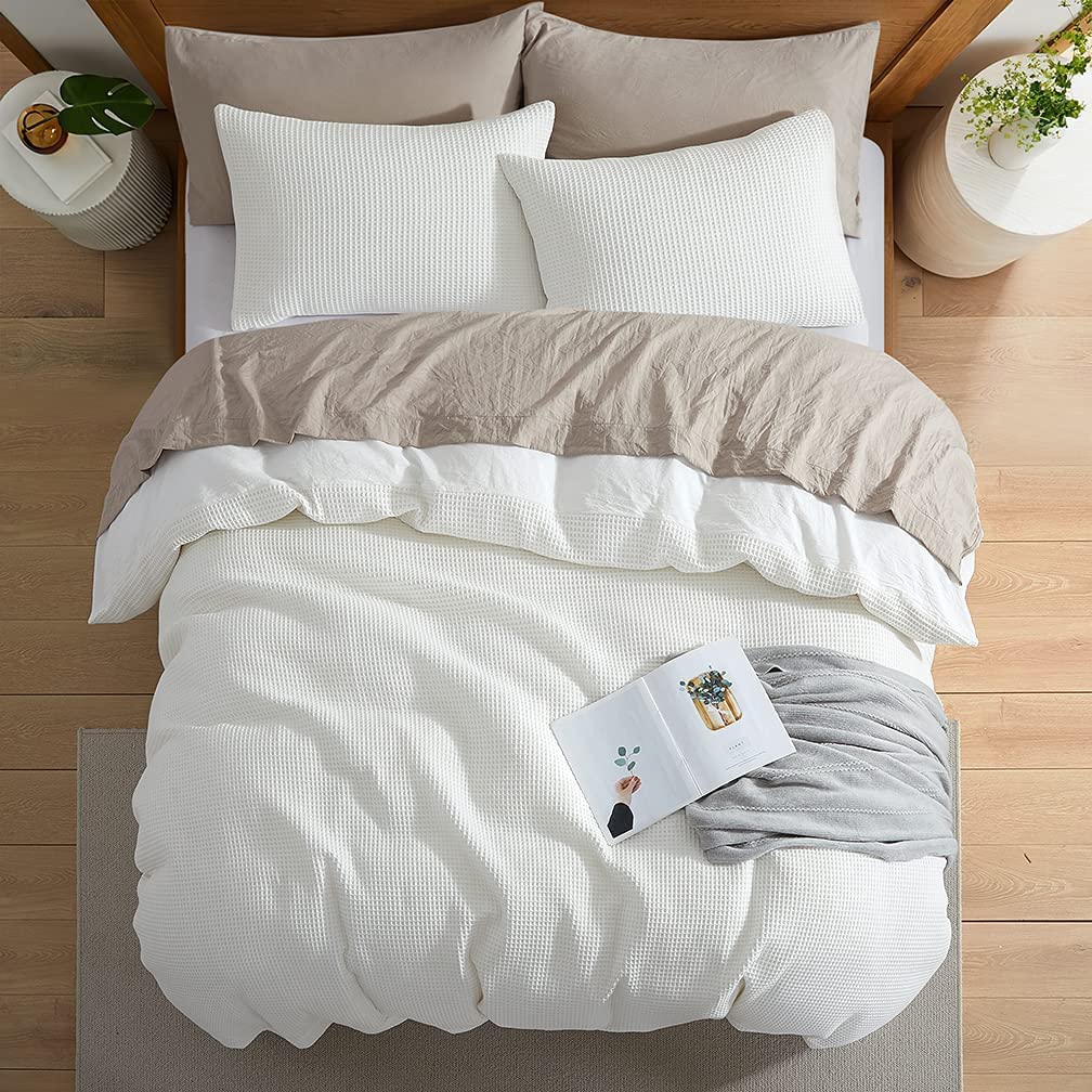 ZJZC Art 100% Cotton Waffle Weave Duvet Cover Set,Luxury Bedding Set 3 Pieces, Super Soft,Easy Care,Simple Style,for All Season, with Buttons Closure and Zipper (Creamy White, King)