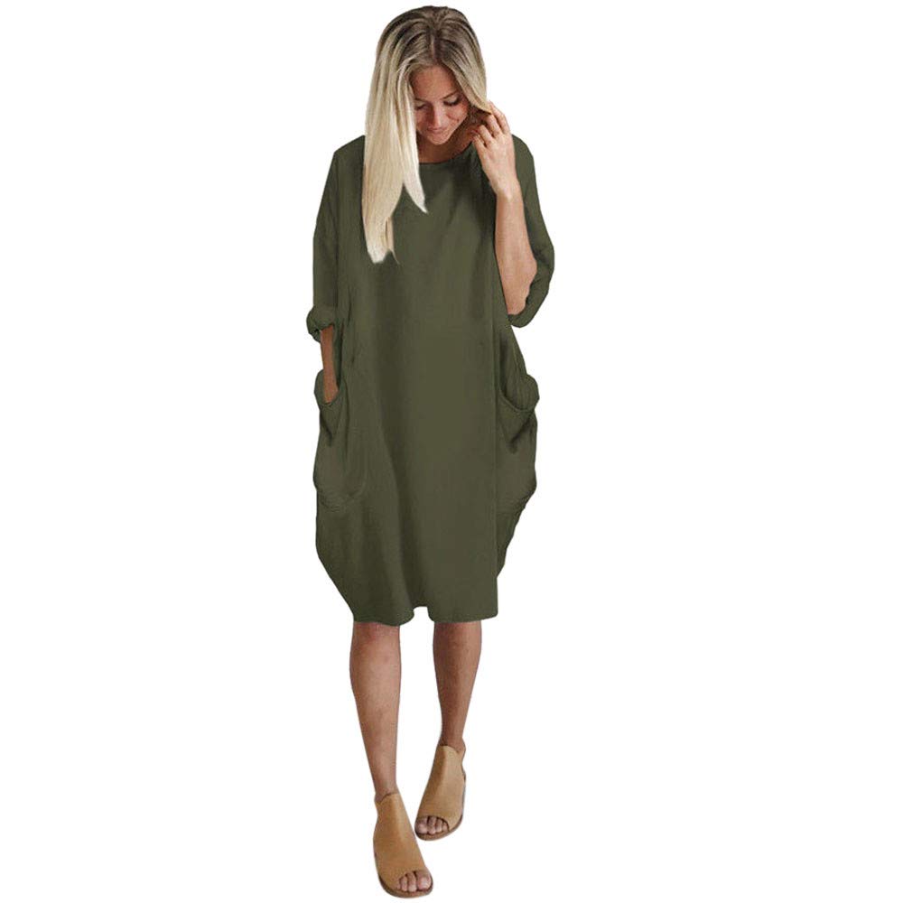 Hotkey Women's Autumn Winter New Loose Letter Print Long Sleeve Pocket Pullover Keen Length Dress Army Green