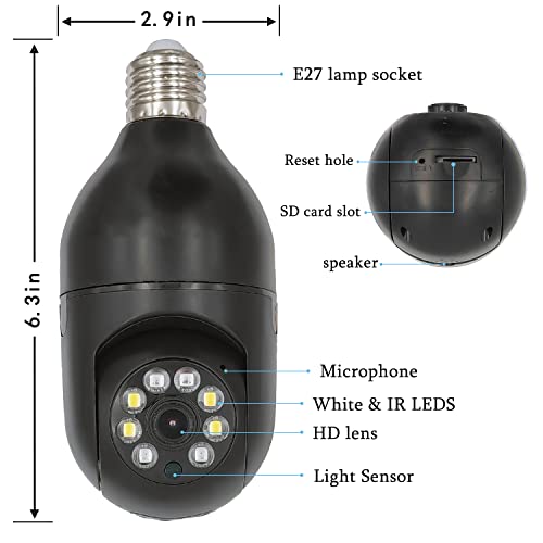 Light Bulb 1080P Full HD 360 Camera Pan/Tilt, Home Security Cameras with 32G SD Card, 2.4G WiFi Camera Night Vision Motion Detection and Auto pan Steering