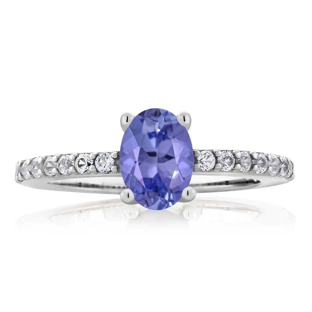 Gem Stone King 1.05 Ct 7x5mm Oval Tanzanite White Created Sapphire 925 Silver Ring (Size 5)