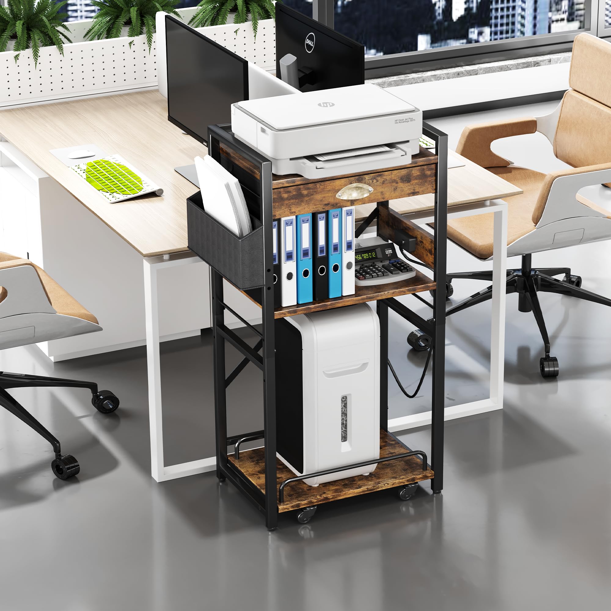 Homeiju 3-Tier Printer Stand with Storage Drawer,Large Tall Printer Table with Power Outlet,Side Pocket and Adjustable Shelf for Home Office,Stand Cart for Computer PC Tower CPU Shredder,Rustic Brown