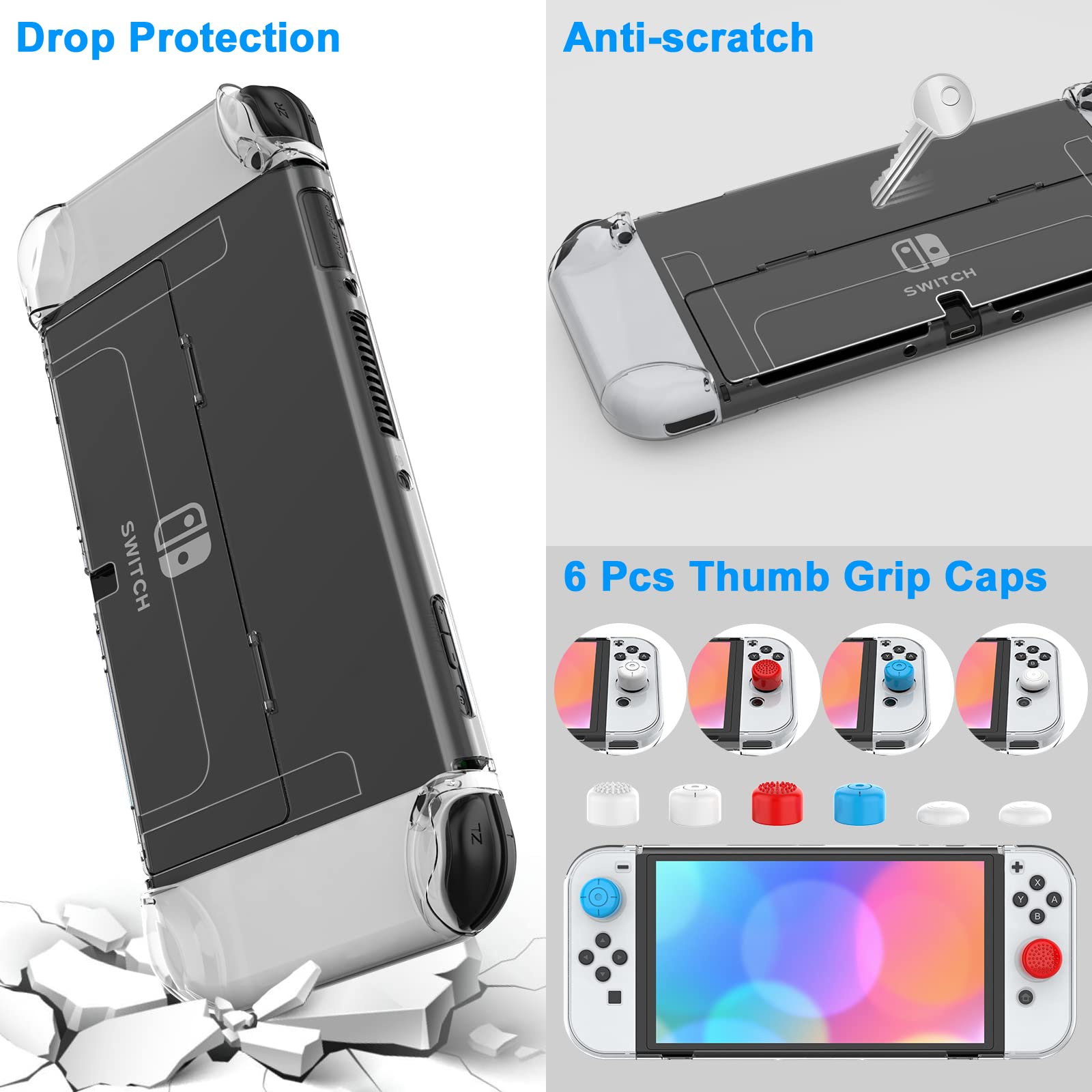 HEYSTOP Switch OLED Case Compatible with Nintendo Switch OLED Model, 9 in 1 Accessories for Switch OLED Model with Carrying Case, Dockable Protective Case, Screen Protector and Thumb Grip Caps, Black
