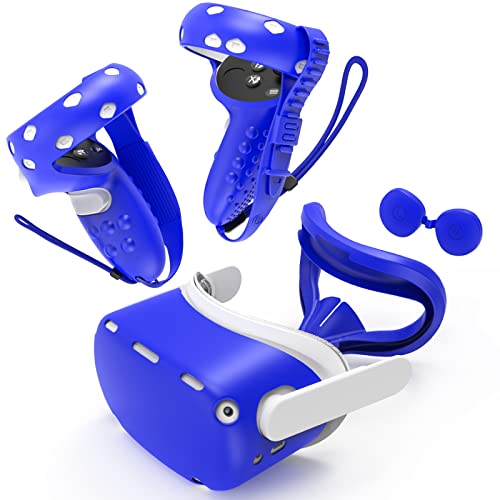 HUIUKE Touch Controller Grip Cover for Quest 2 with VR Shell Cover, Silicone VR Face Cover Pad and Lens Cover, 4 in 1 Silicone Cover Set for Quest 2 Accessories (Blue)