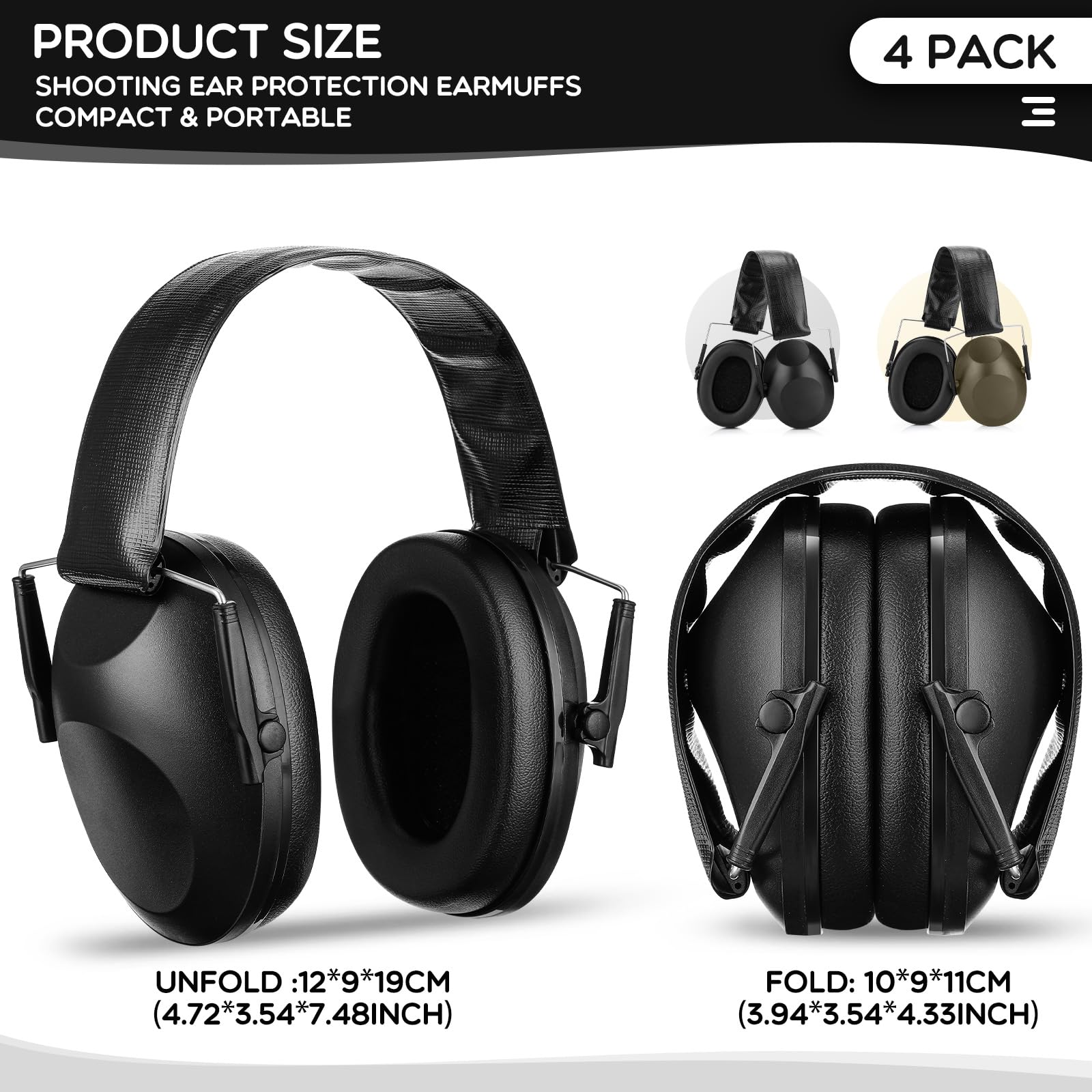 Jerify 4 Pack Hearing Protection Ear Muffs for Noise Reduction, Compact Folding Slim Noise Canceling Ear Protection Headphones for Shooting Gun Range, Construction, Mowing, Woodwork