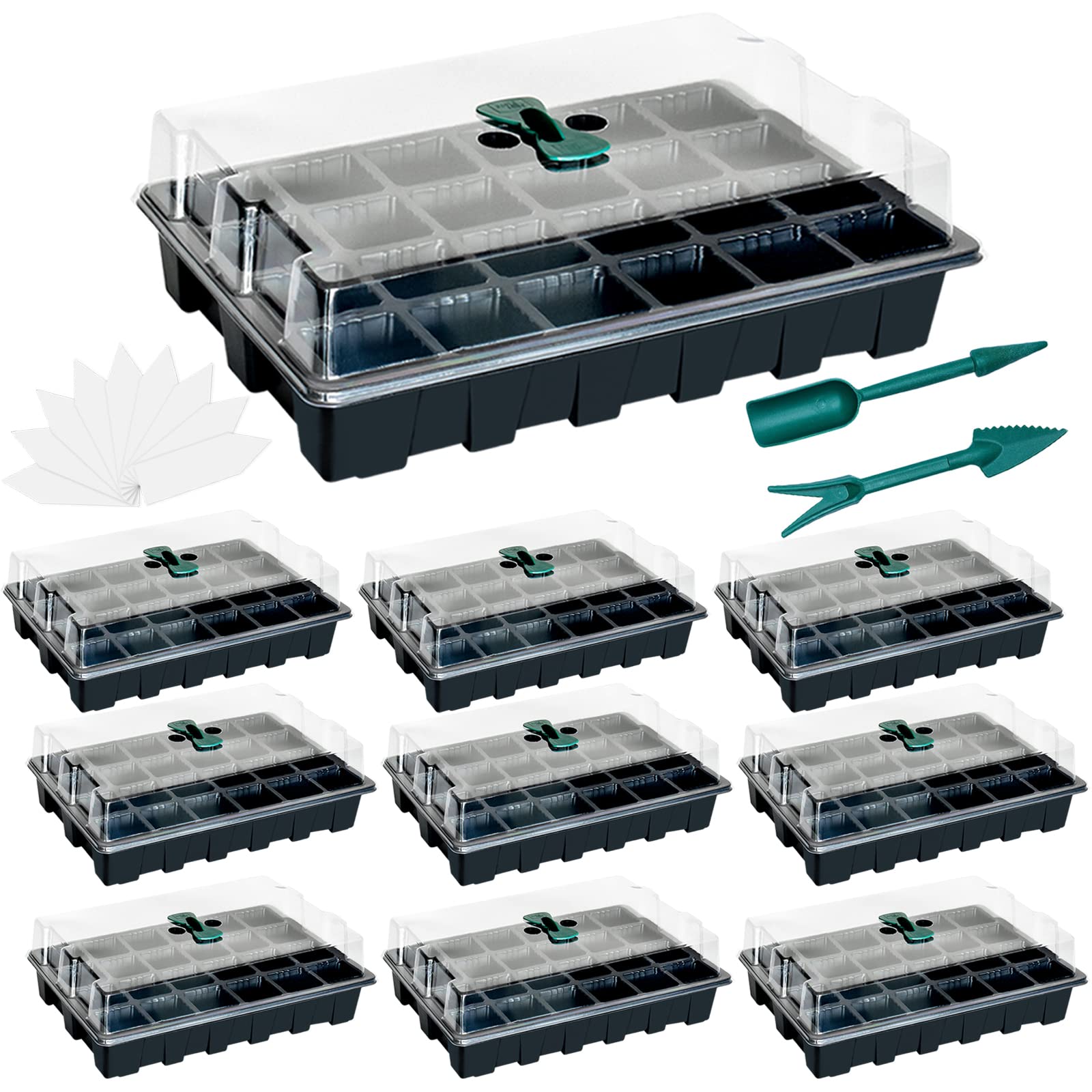 Halatool 6 Set Seedling Trays Seed Starter Kit- 240 Cells Plant Germination Tray with Dome and Tray Base for Growing and Cloning (40 Cells Per Tray, Black)