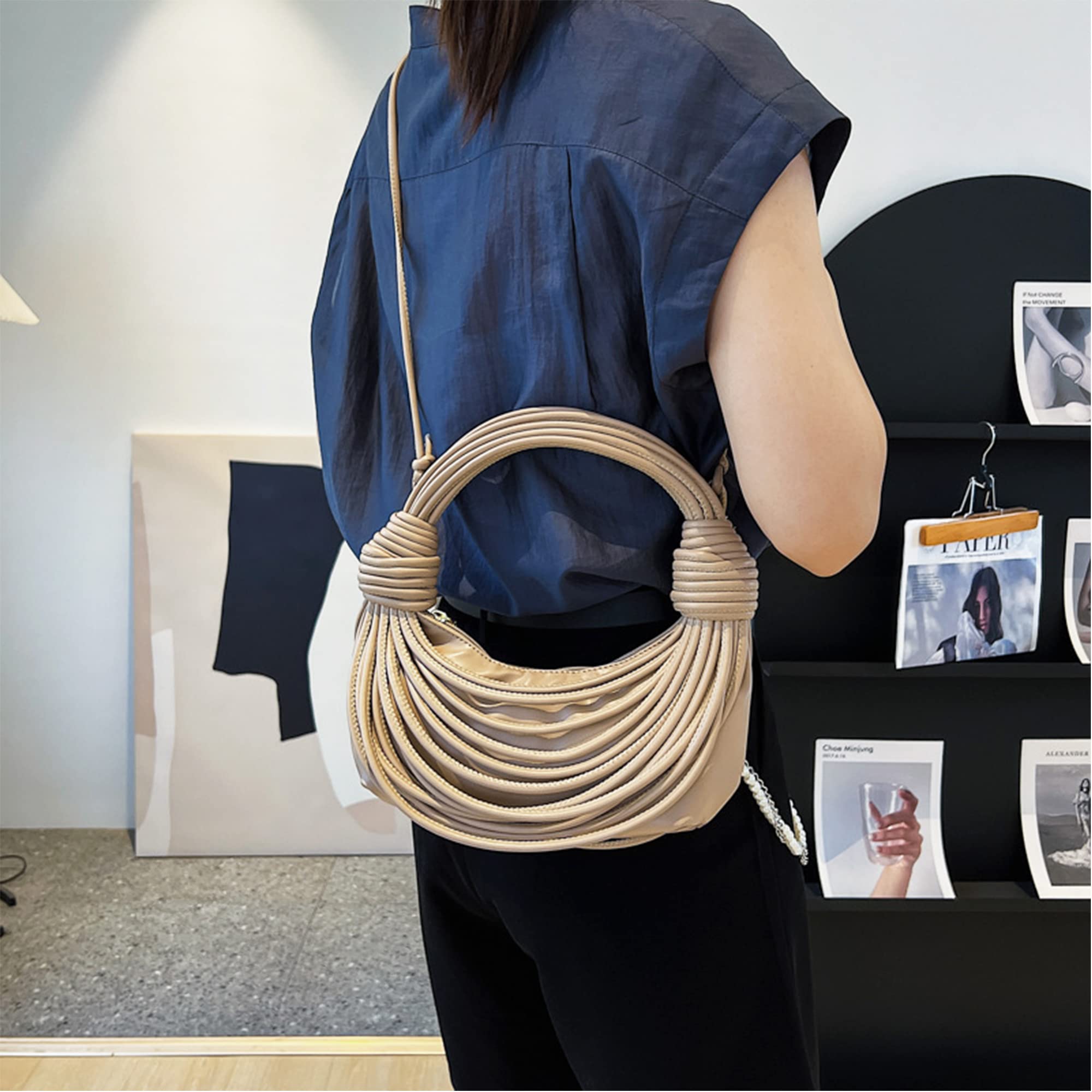 Knotted Underarm Bag for Women Ruched Hobo Handbag Noodles Top Handle Handbag Creative Hand-Woven Messenger Bag