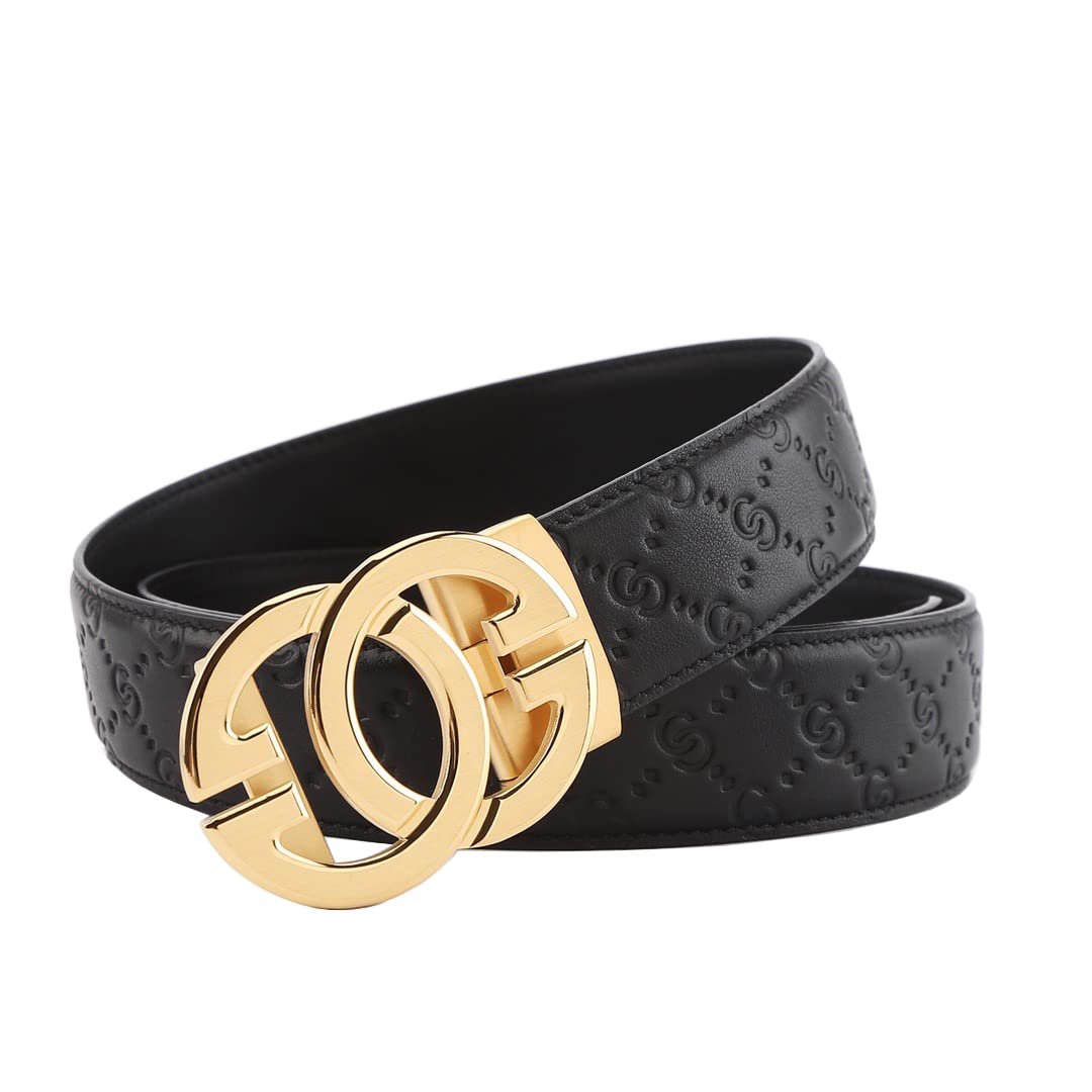KLWINO Men's Personalized Embossed Leather Belt with Automatic Buckle Ratchet Dress Belt, Adjustable Length (Black Gold, Adjustable from 20" to 44" Waist)