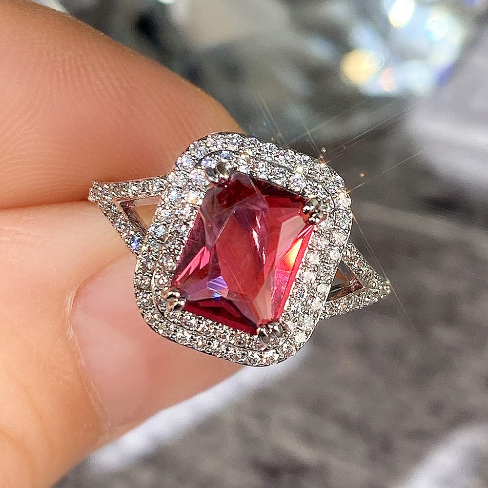 LRESJJIUJ Silver Plating Forge Cubic Zirconia Emerald Cut Ruby Women's Ring Size 6-10 Engagement Ring Anniversary or Lady Bride Jewelry Exquisite Ring Square Princess Ring