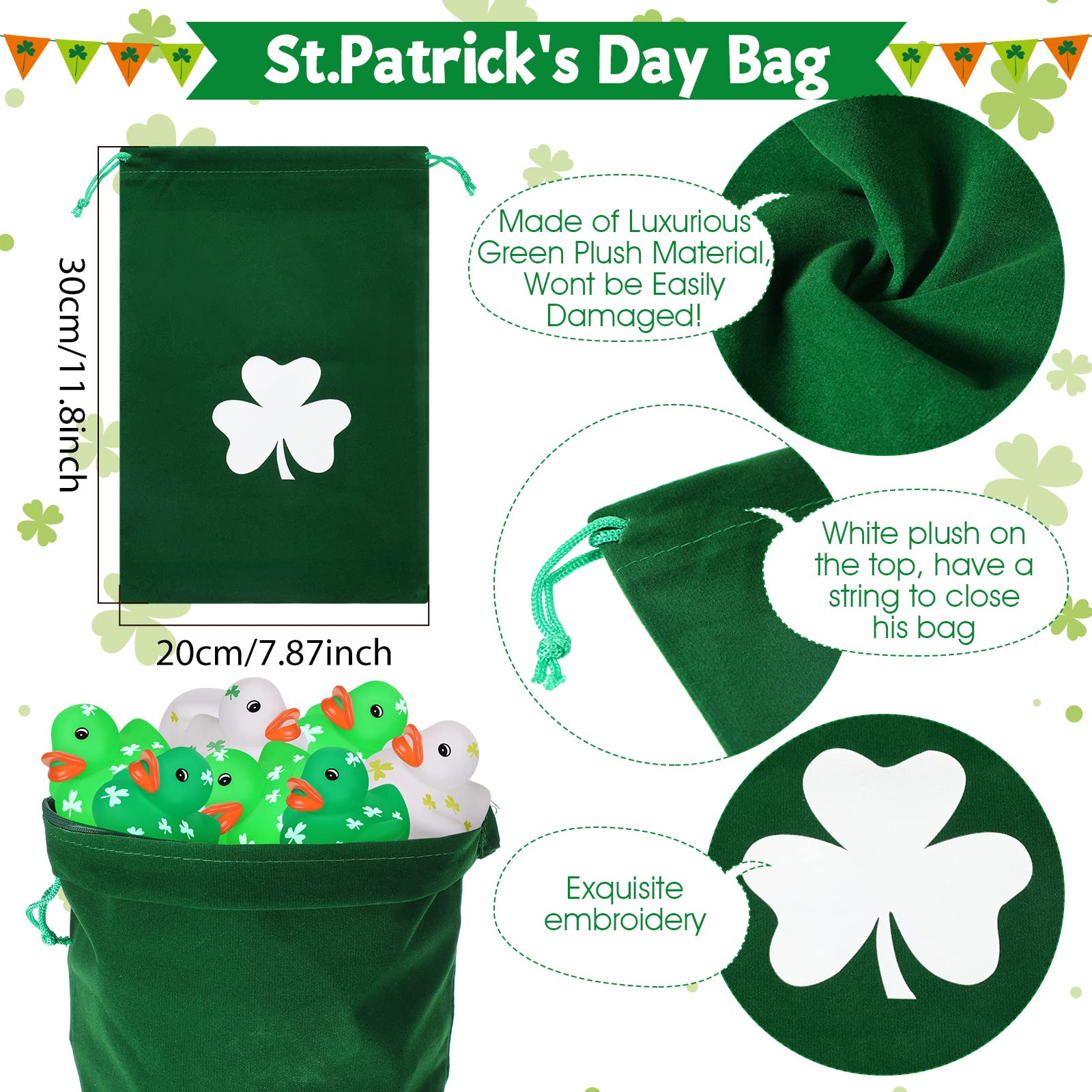 Jerify St. Patrick's Day Rubber Ducks 2 Inch Mini St. Patrick's Day Ducks Bath Toys St. Patrick's Day Party Decorations Holiday Rubber Ducks with Drawstring Gift Bag for Class Prize Holiday (48)