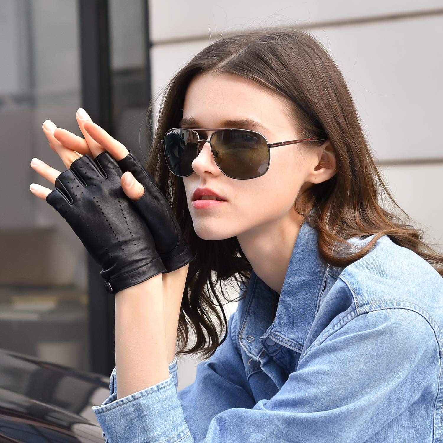 GSG Women's Driving Gloves Fingerless Leather Motorcycle Gloves Unlined Half Finger Black Small