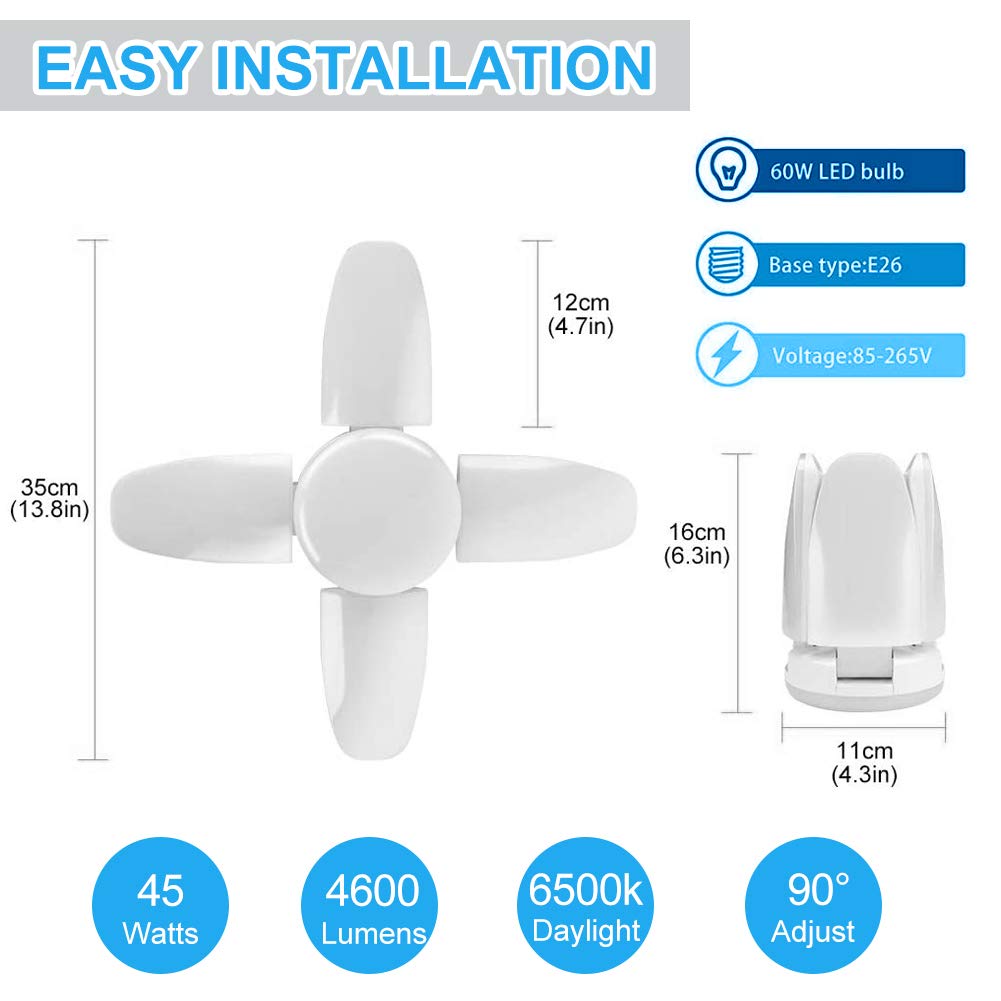 Hushtong LED Garage Lights, Deformable LED Garage Lights,Garage Light Bulb,4600K Garage LED Lamp,E26 Lamp Holders,46W LED Shop Lights for Garage,Workshop Bright Light with 4 Adjustable Panels