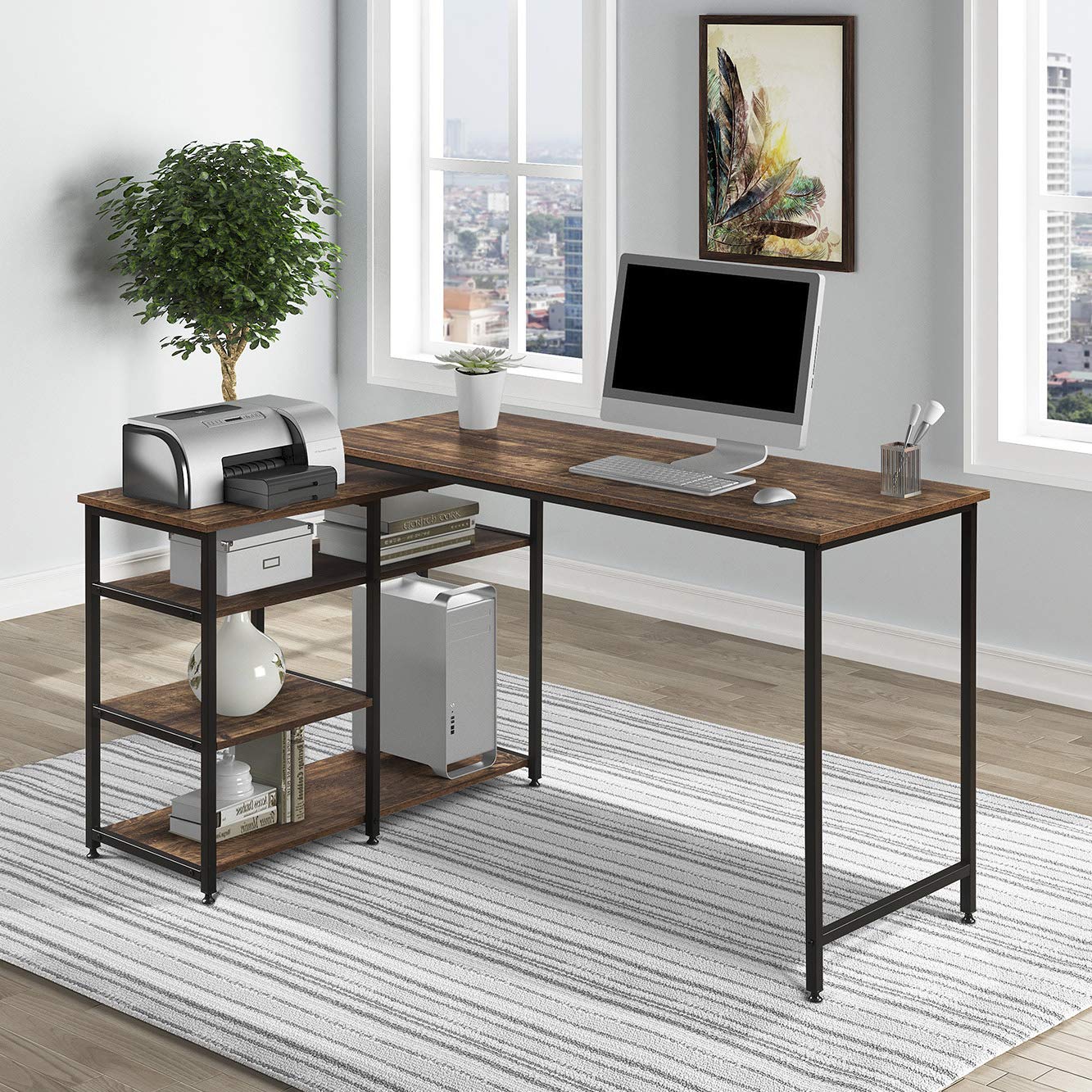 Henf L-Shaped Computer Desk, Industrial Rustic Wood and Metal Office Desk Writing Table with Storage Shelves, Left or Right Set Up Corner Desk Study Table for Home Office, Brown