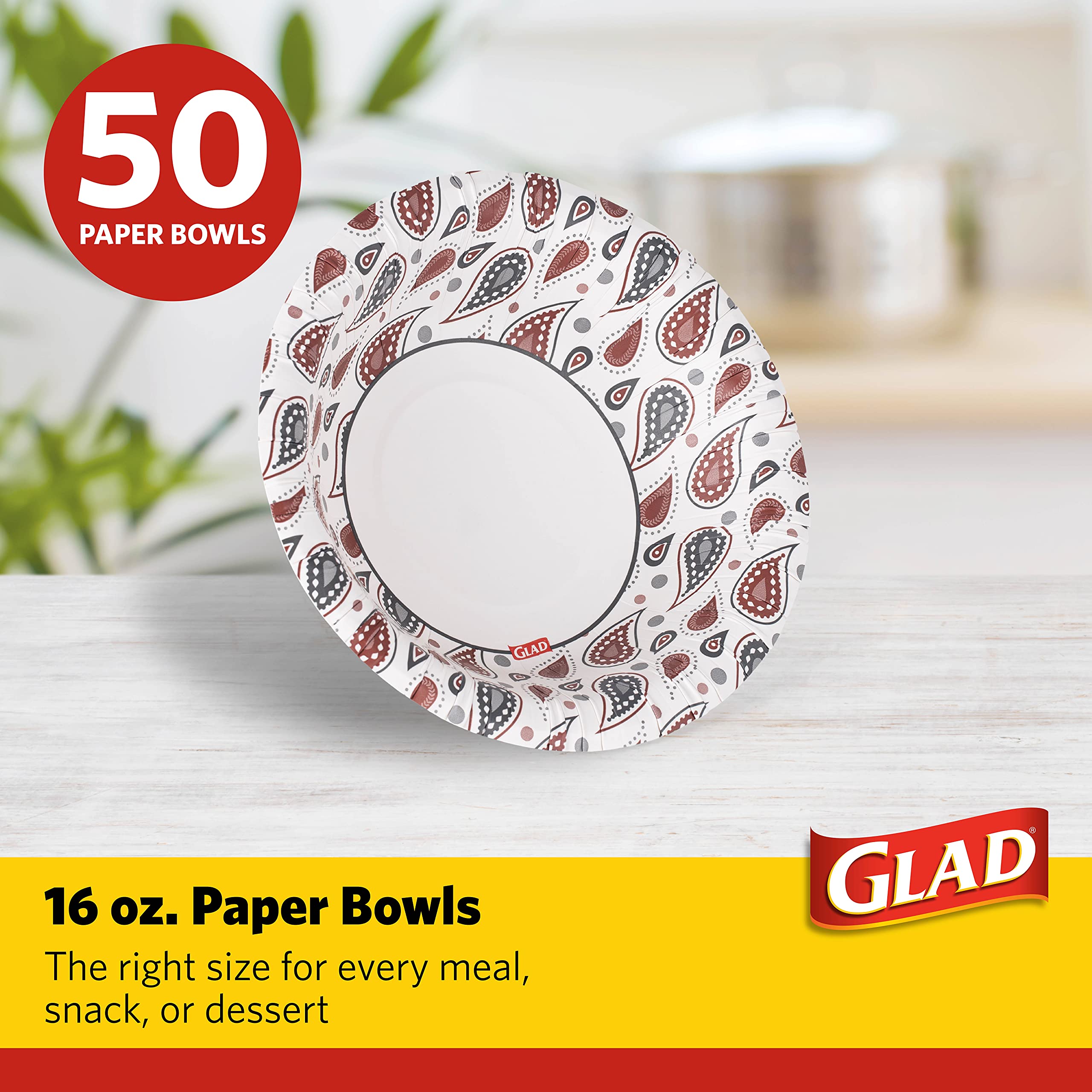 Glad 16 oz Disposable Paper Bowls with Paisley Drops Design, 50 Count | Disposable Bowls for Parties & Picnics and Everyday Use | Microwave Safe, Soak Proof Paper Bowls from Glad