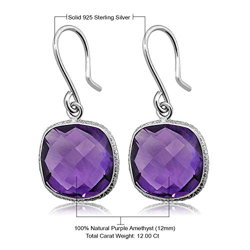 Gem Stone King 925 Sterling Silver Purple Amethyst Dangle Earrings For Women (12.00 Cttw, Gemstone Birthstone, Cushion Checkerboard Cut 12MM)
