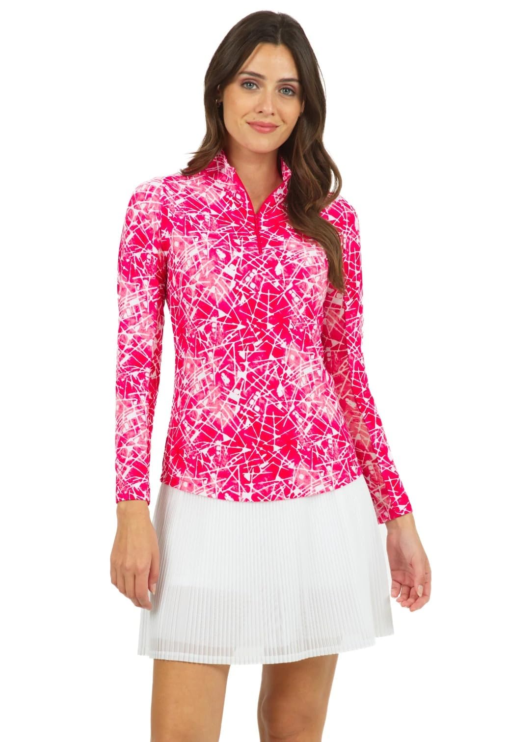 IBKUL Athleisure Wear Sun Protective UPF 50+ Icefil Cooling Tech Evie Print Long Sleeve Mock Neck Top - 10182 Watermelon/White Evie XXL