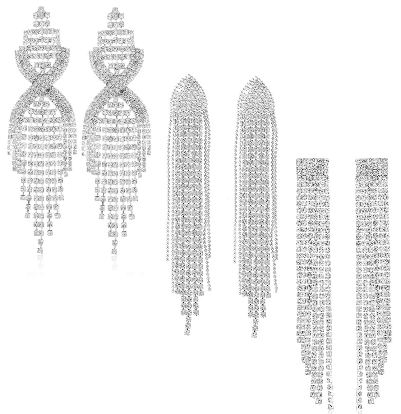 Jewdreamer 3 Pairs Silver Teardrop Crystal Chandelier Earrings Long Tassels Dangle Earrings Sparkling Rhinestone Ladies Gifts Statement Earrings Bridal Wedding Jewelry
