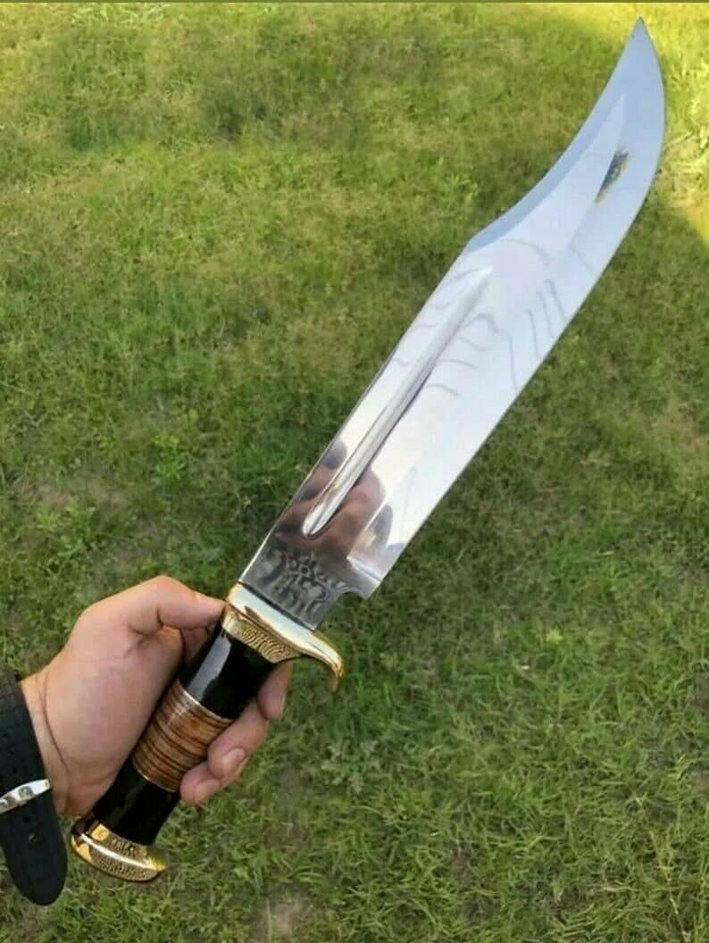 hunting knives Custom Handmade Carbon Steel High Polish Crocodile Dundee Bowie knife with Brass and leather handles for best Hand Grip.