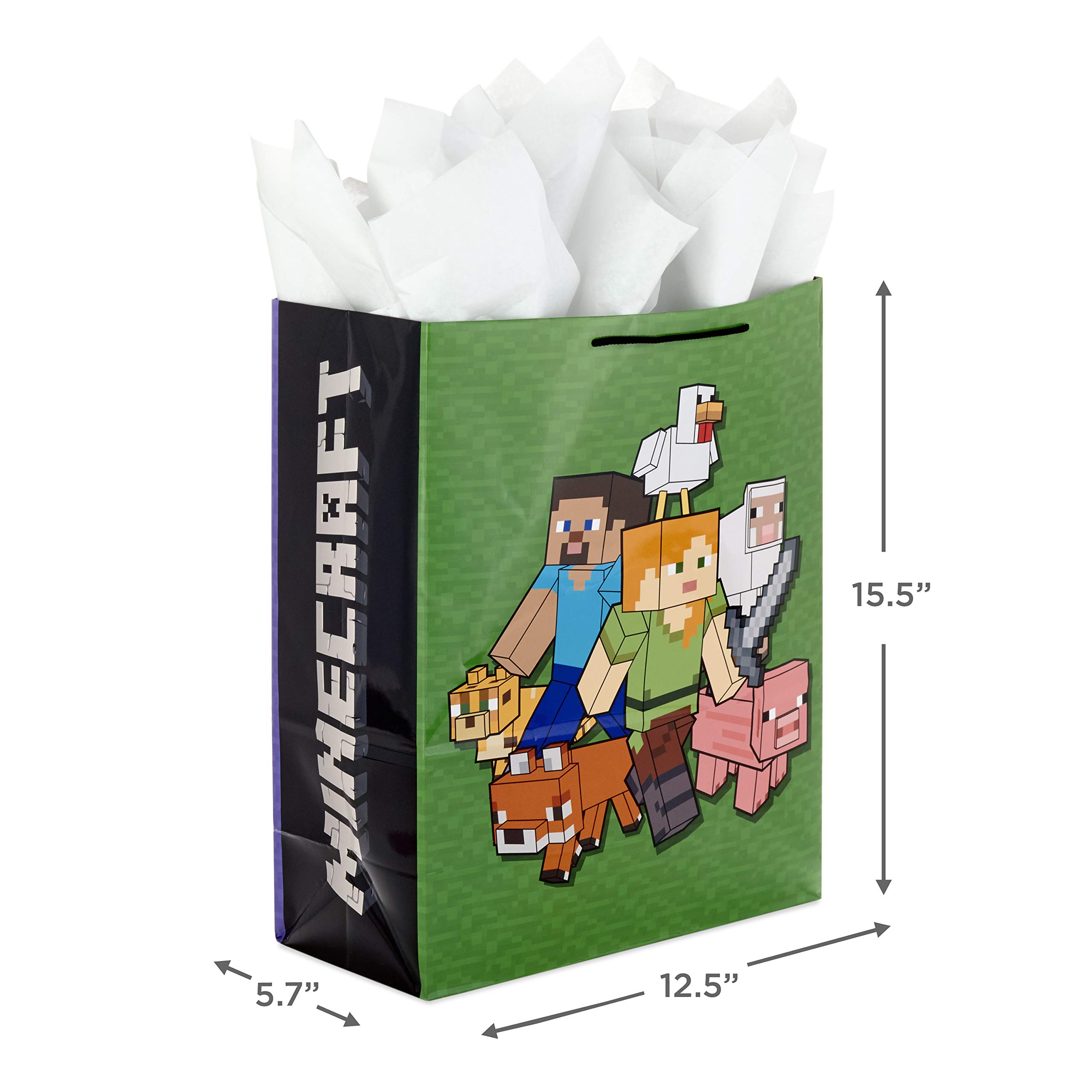Hallmark 15" Extra Large Minecraft Gift Bag with Tissue Paper for Christmas, Birthdays, Valentines Day, Kids Parties, Holidays and More