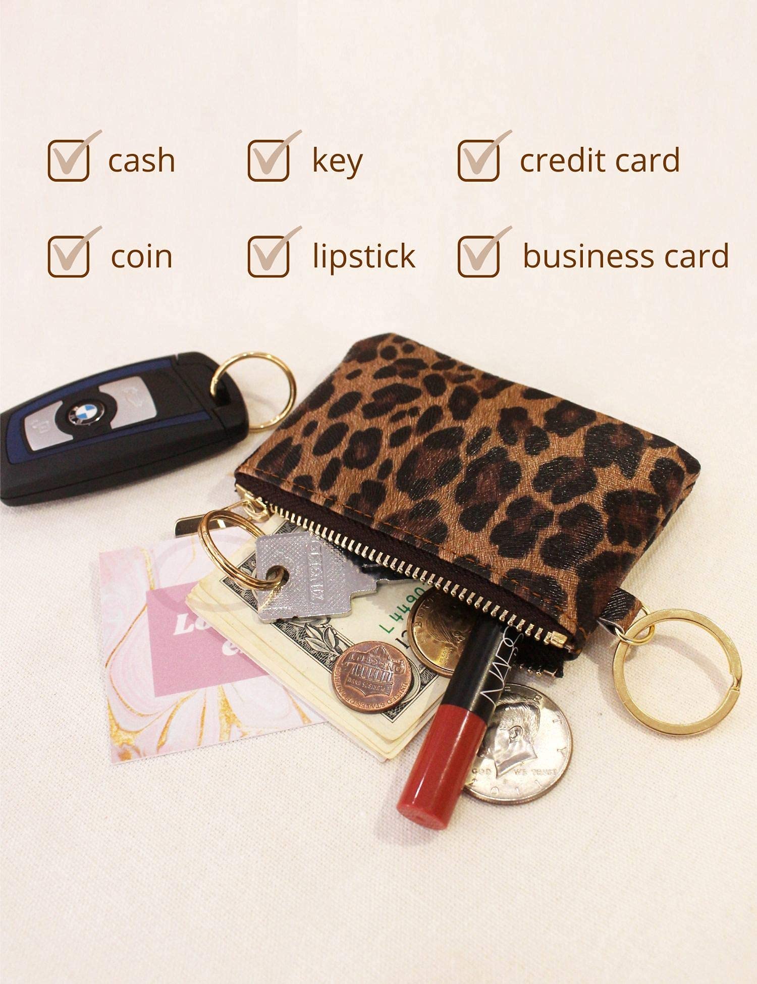 Heesch 2 Pack Mini Coin Purse Cheetah Change Purse Small Zipper Pouch Wallet for Women (Leopard & Ivory Leopard)