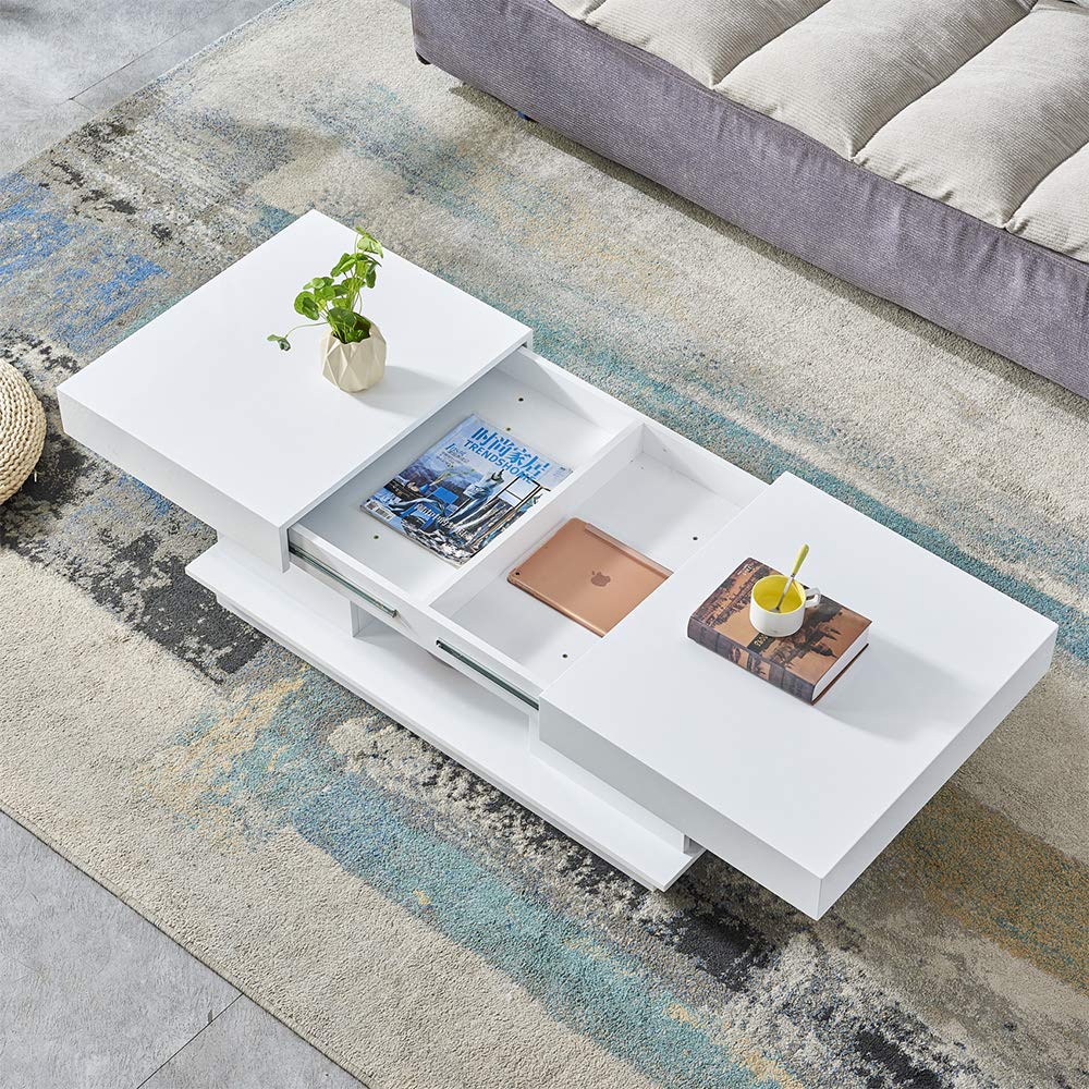 HomeSailing Living Room High Gloss Coffee Table White with 2 Storage Drawers, Wooden Coffee Sofa End Table Side Tea Table Wood Frame Rectangular for Home Office Waiting Reception Furniture
