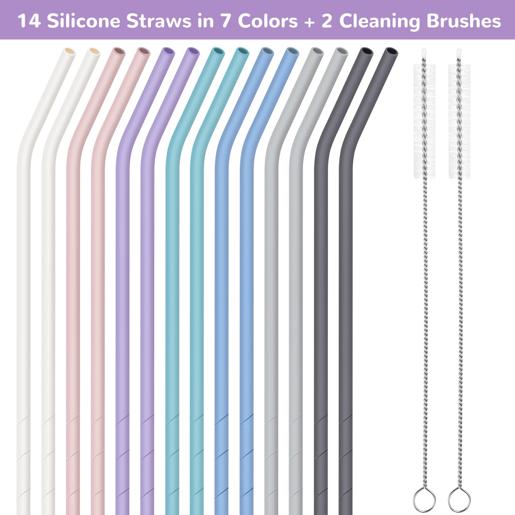 NiHome 14PCS Silicone Straws for Stanley 40oz 30oz Tumbler, 14” Extra Long Reusable Drinking Straw, Flexible Can Cut Length for 1/Half Gallon 75 64 OZ Large Water Bottle - 2 Cleaning Brushes (Rainbow)