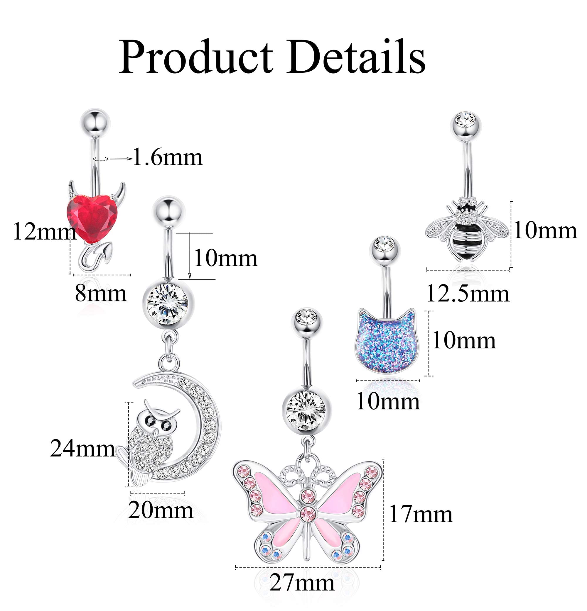 JeryWe 12Pcs Belly Button Rings Surgical Stainless Steel Belly Rings CZ Clicker Belly Button Piercings for Women Navel Piercings Pack