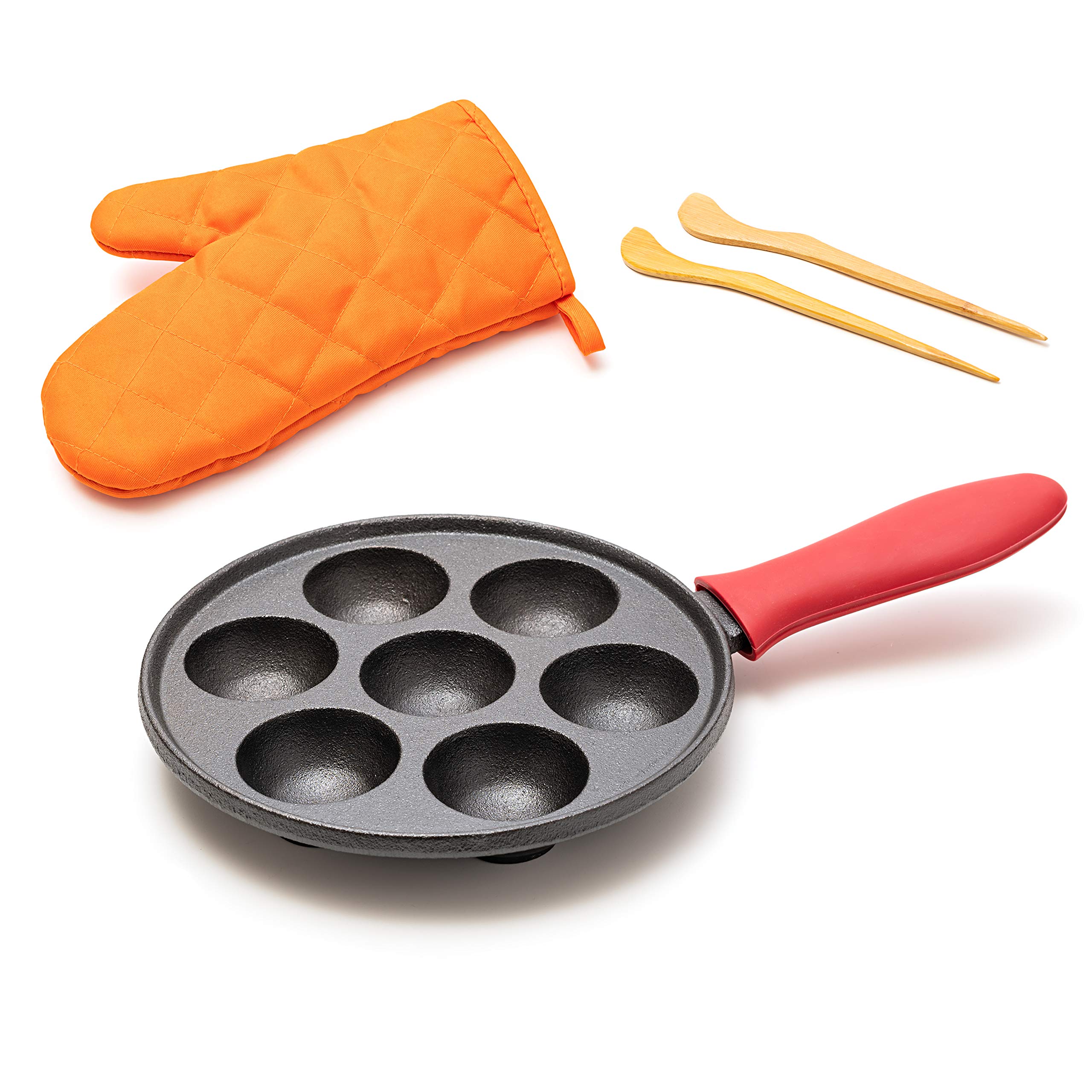 KUHA Cast Iron Aebleskiver Pan for Authentic Danish Stuffed Pancakes - Complete with Bamboo Skewers, Silicone Handle and Oven Mitt
