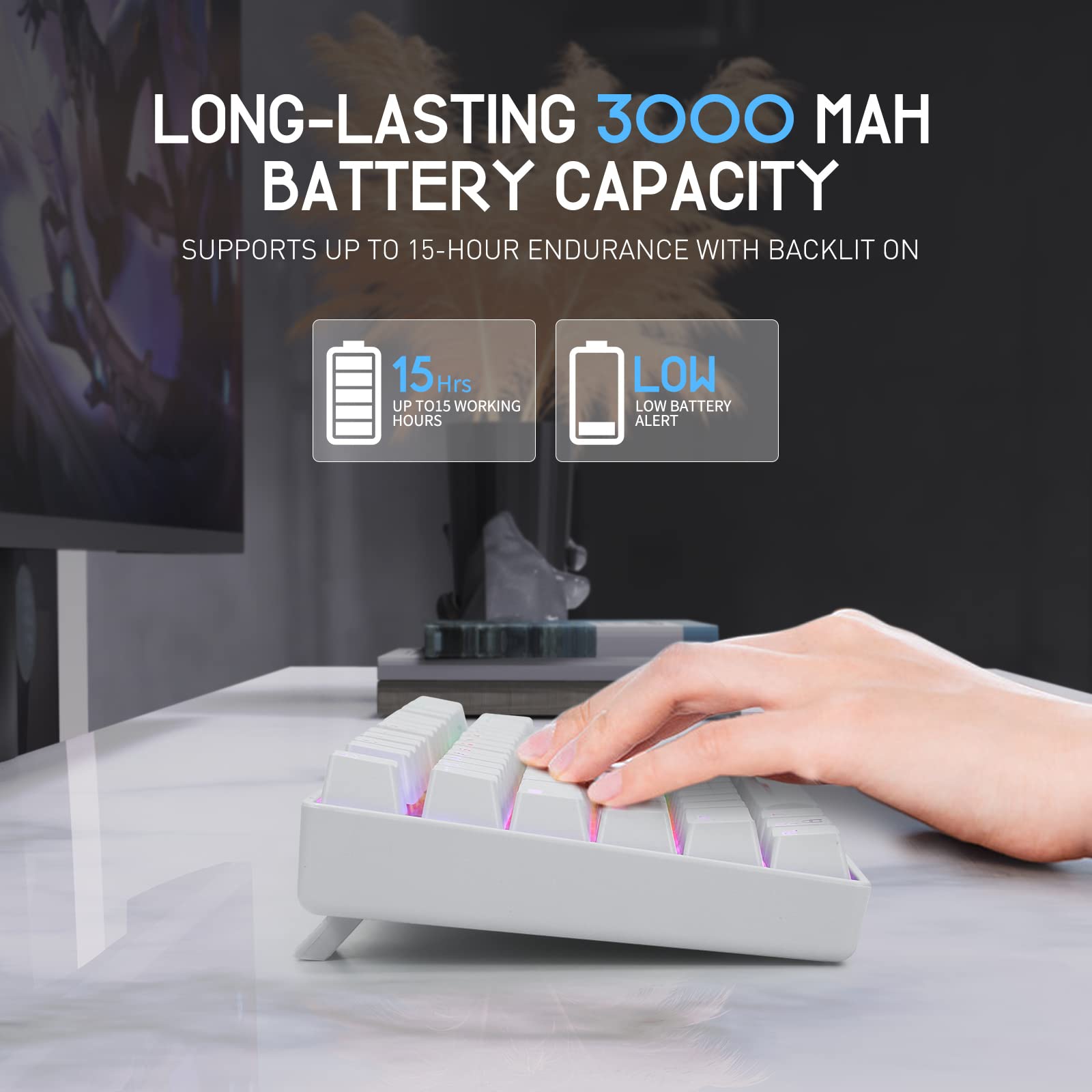 HUO JI Wireless RGB Mechanical Keyboard,Bluetooth/2.4Ghz/Wired Z-88 Gaming Keyboard with Clicky Blue Switches RGB LED Backlit 81 Keys Compact for Mac, PC, White