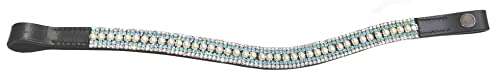 Saddles World Fancy Black Leather Center Light Blue & White Pearl with Clear Crystals Horse Bridle's Browband - Cob Size