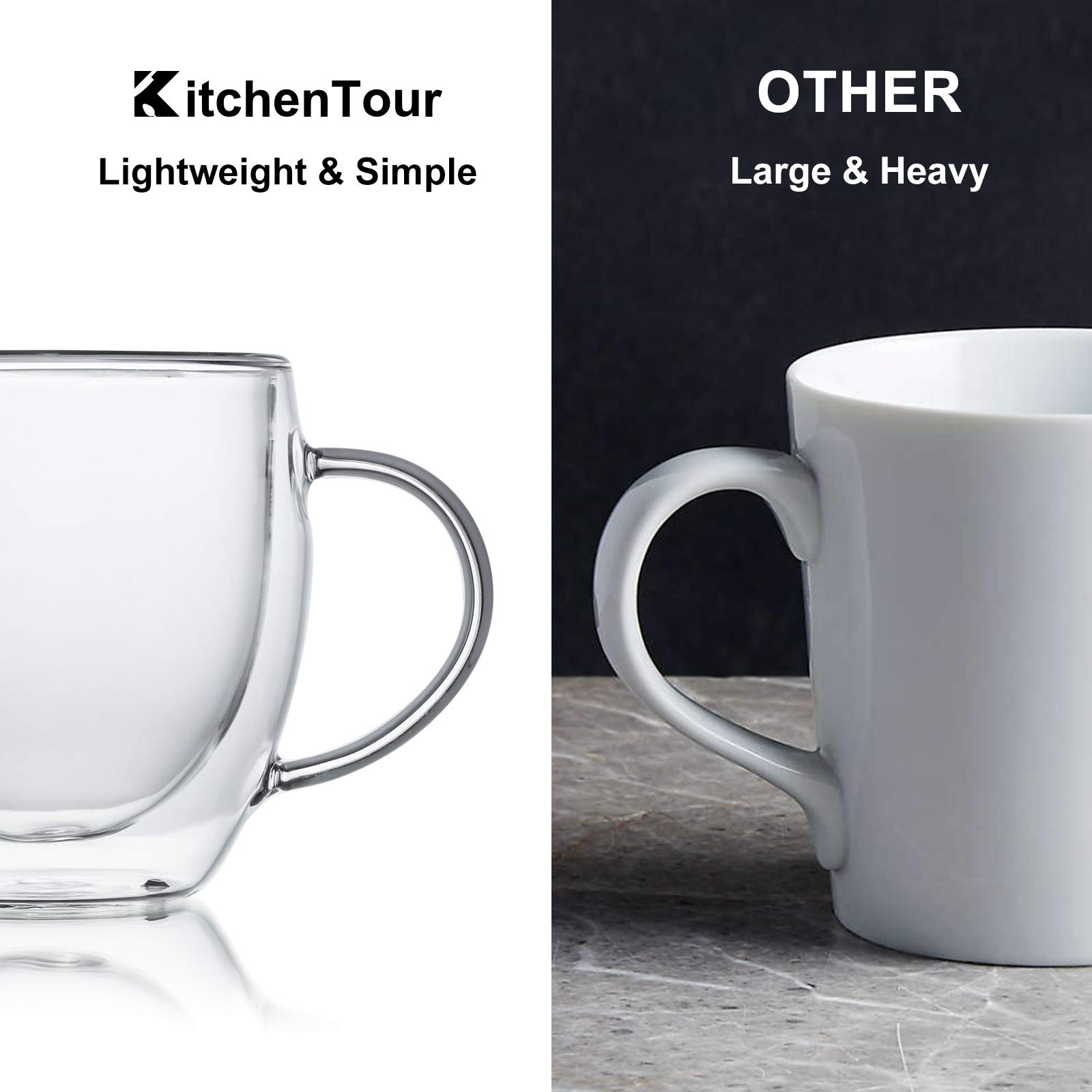 KitchenTour Insulated Coffee Mug 8 oz- Double Wall Glass Coffee Cup with Handle Set of 4 - Clear Glass Drinkware for Espresso,Cappuccino, Latte,Hot Beverages