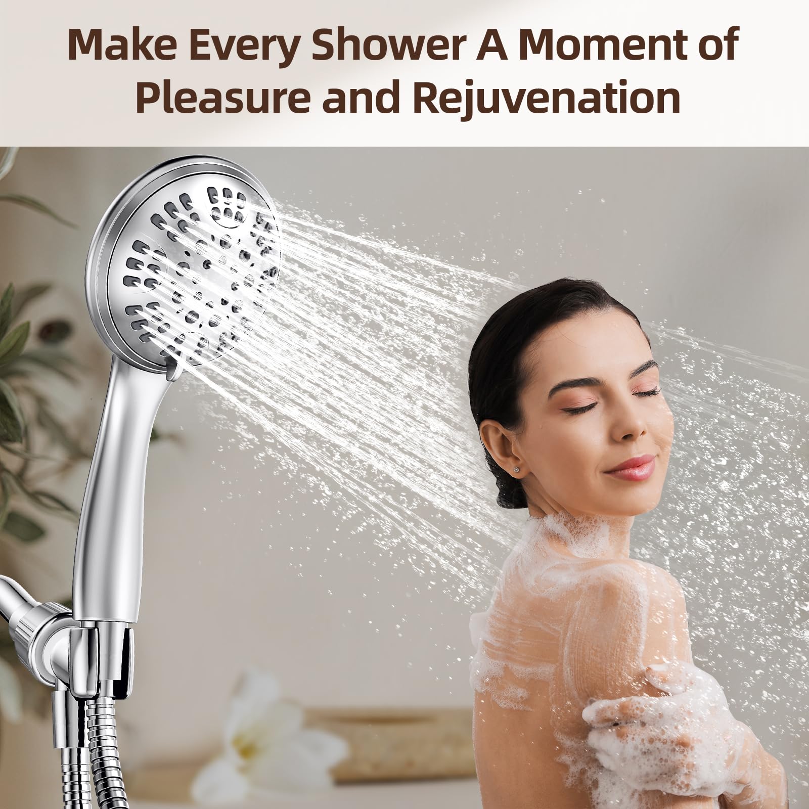 High Pressure 6 Functions Shower Head with Handheld Eco-Performance Handheld Shower Head Removable Shower Head with 60-Inch Metal Hose Adjustable Shower Bracket Tool-less 1-Min Installation