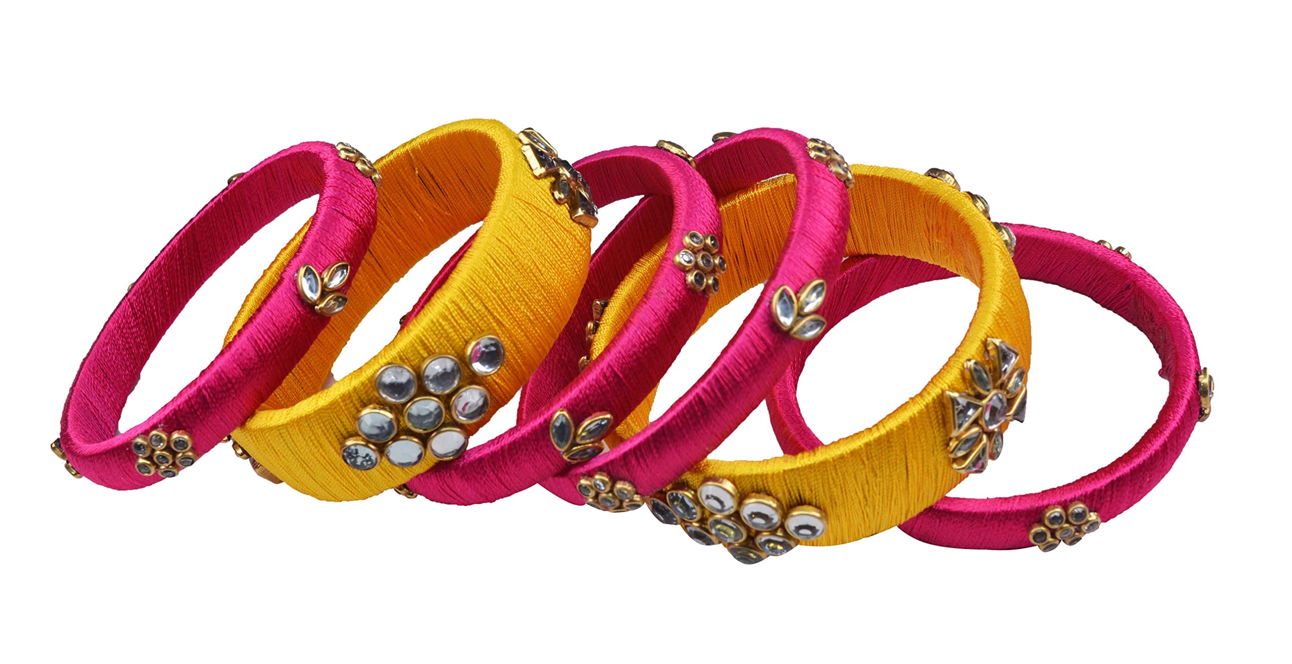 GOELX Silk Thread Bangles Designer Beautiiful Kundan Bangle Set - Rani Pink and Yellow