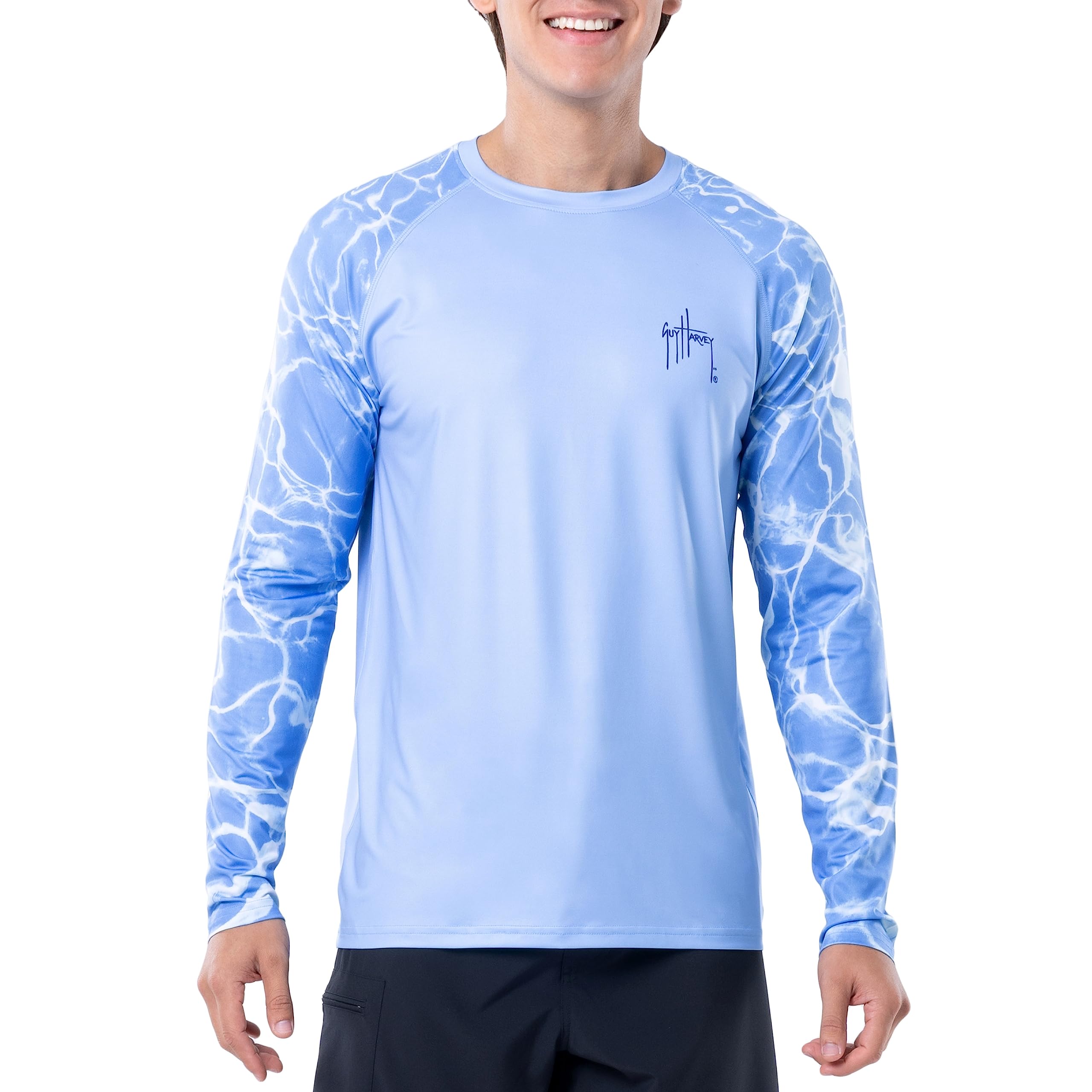 Guy Harvey Men's Raglan Sleeve Sun Protection Top, Powder Blue/Blue Water, 3X-Large