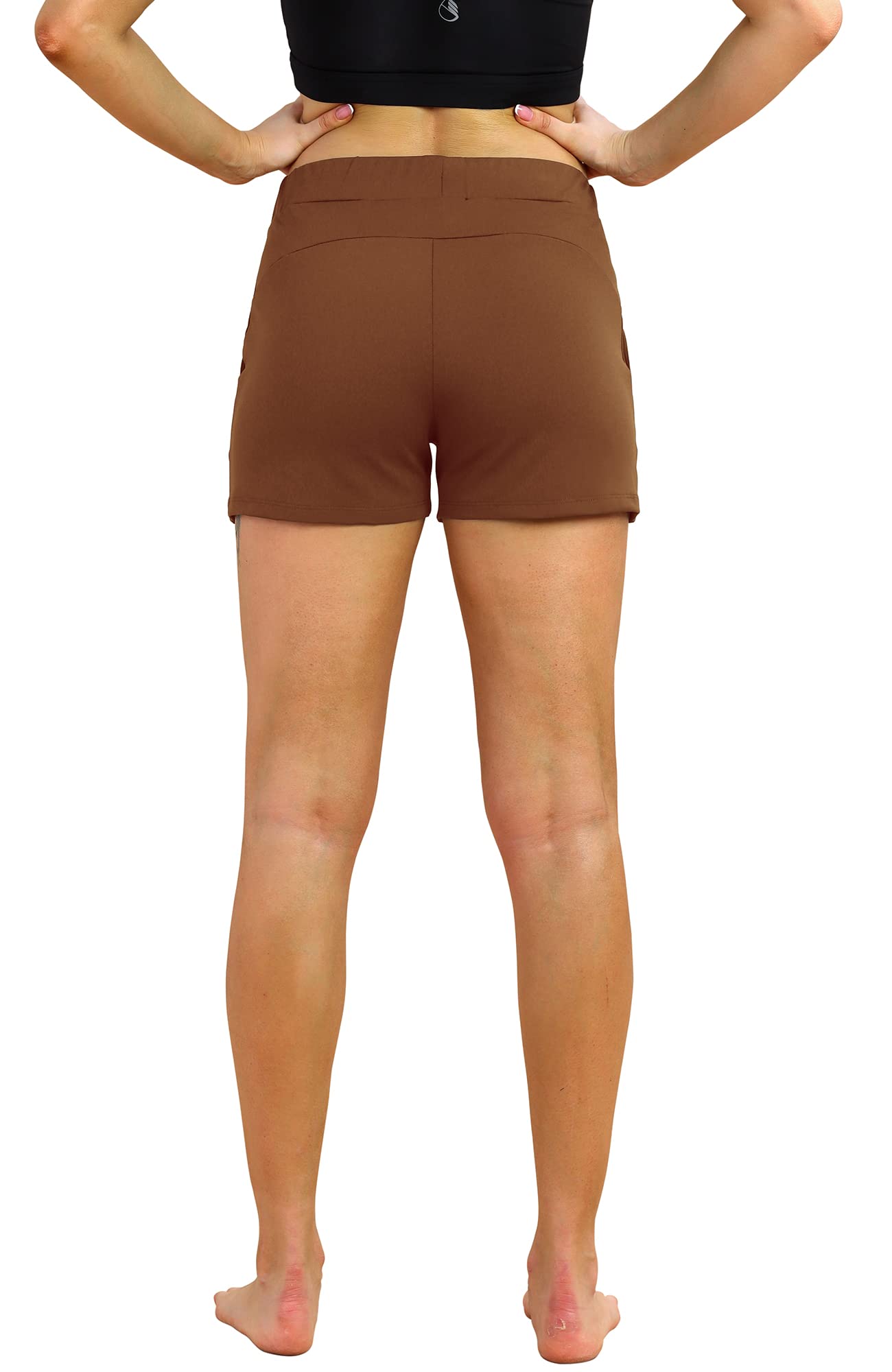icyzone Running Workout Shorts for Women - Gym Yoga Exercise Athletic Shorts with Pockets (M, Brown)