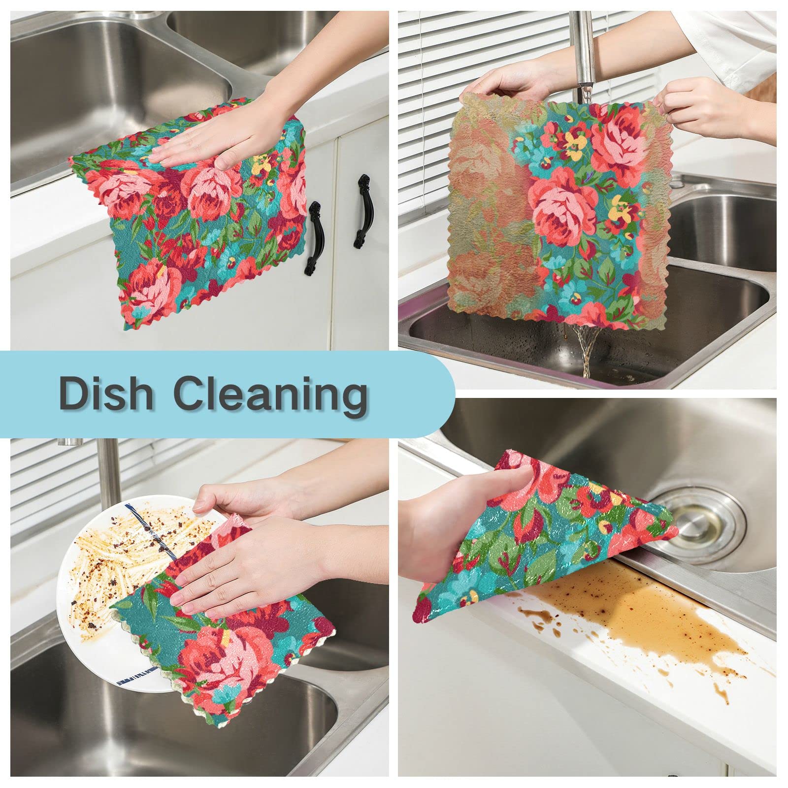 Kcldeci Red Green Rose 6 Pack Dish Cloths for Washing Dishes Kitchen Dishcloth Microfiber Dish Towel Rags Absorbent Reusable Cleaning Drainer Washcloths