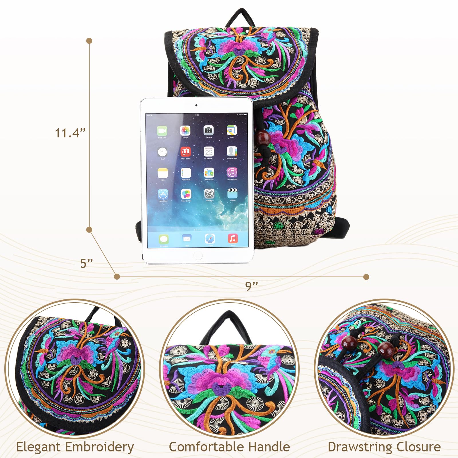 Jursccu Embroidery Backpack Purse for Women Vintage Handbag Small Drawstring Casual Travel Shoulder Bag Daypack