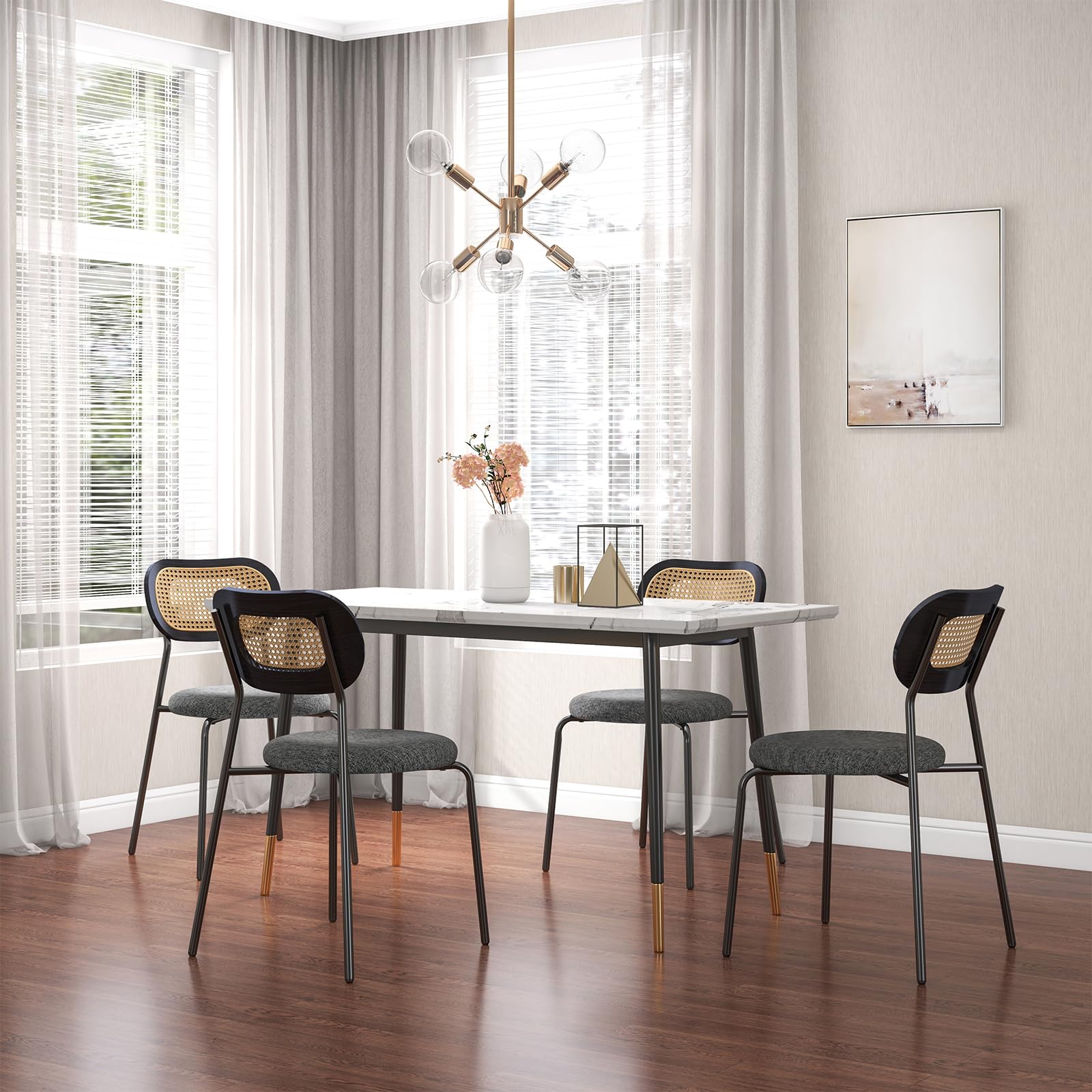 Giantex Rattan Dining Chairs Set of 2, Upholstered Kitchen Chairs with Metal Legs, Max Load 300 Lbs, PU Leather Dining Side Chairs with Round Padded Seat, Modern Dinner Chair for Dining Room, Brown