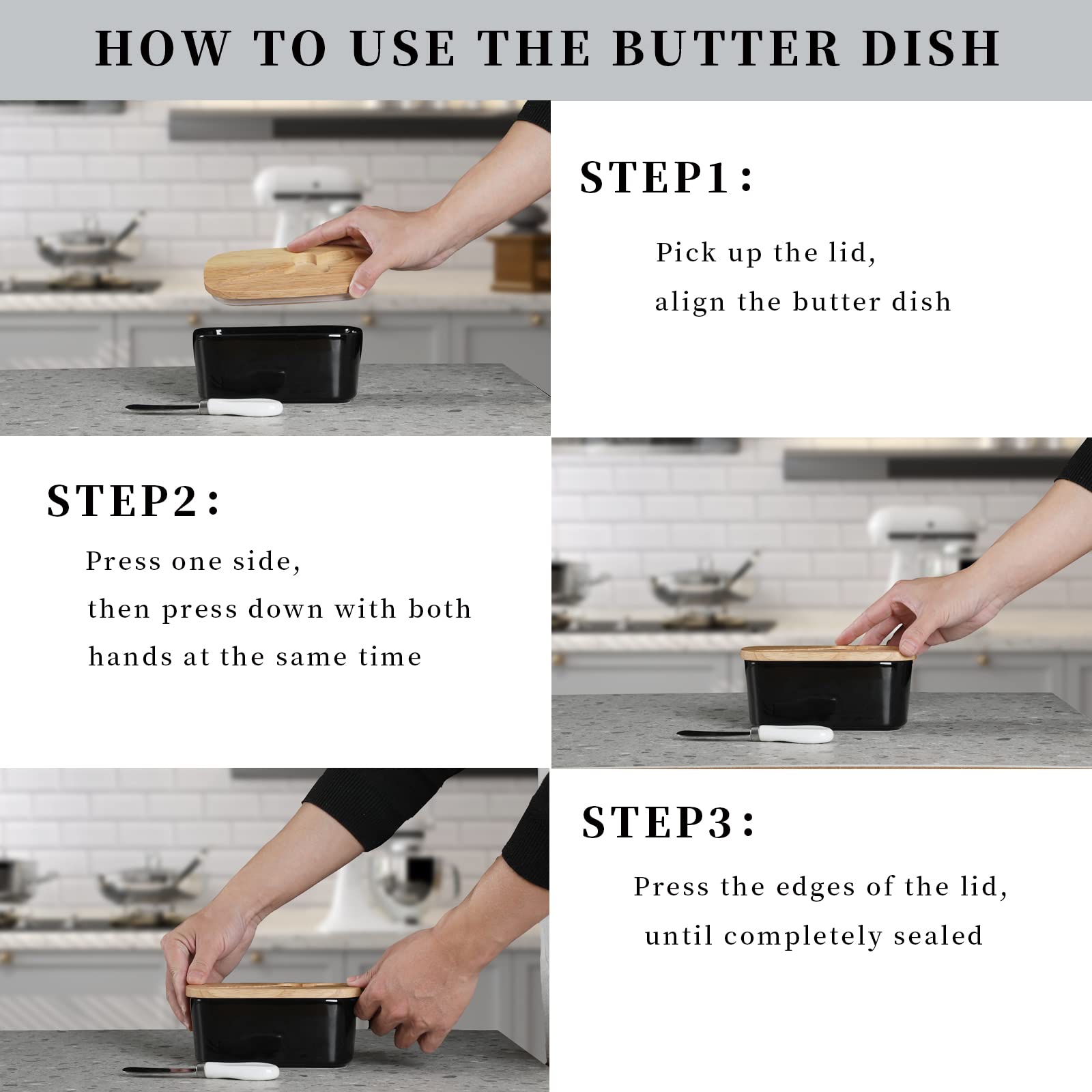 Large Ceramic Butter Dish for Countertop - Butter Keeper with High-Quality Silicone Sealing, Natural Wooden Lid and Stainless Steel Knife, Kitchen Decor and Accessories for Kitchen Gifts (Black)