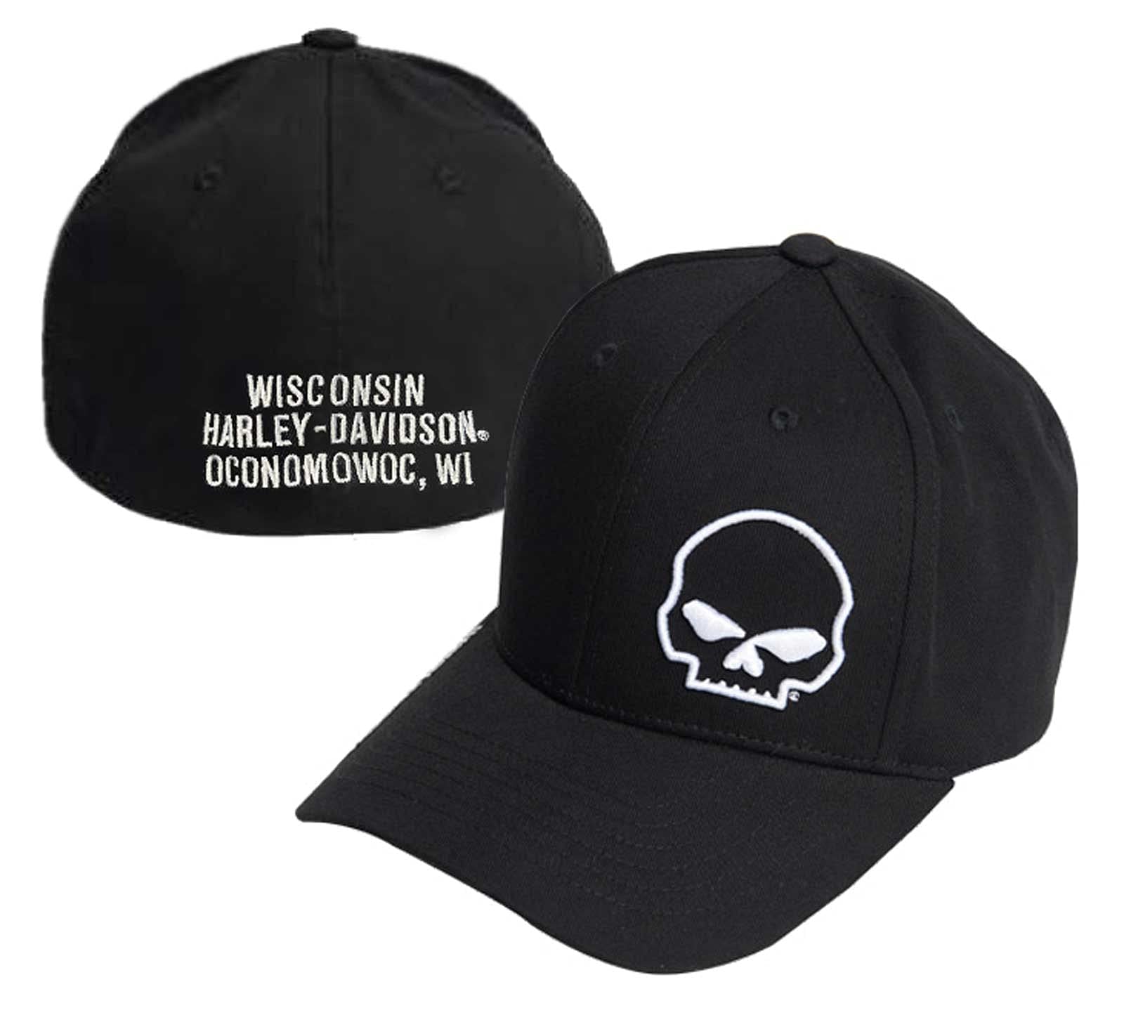 Harley-Davidson Men's Crooked Skull Curved Bill Stretch Fit Baseball Cap (L/XL) Black