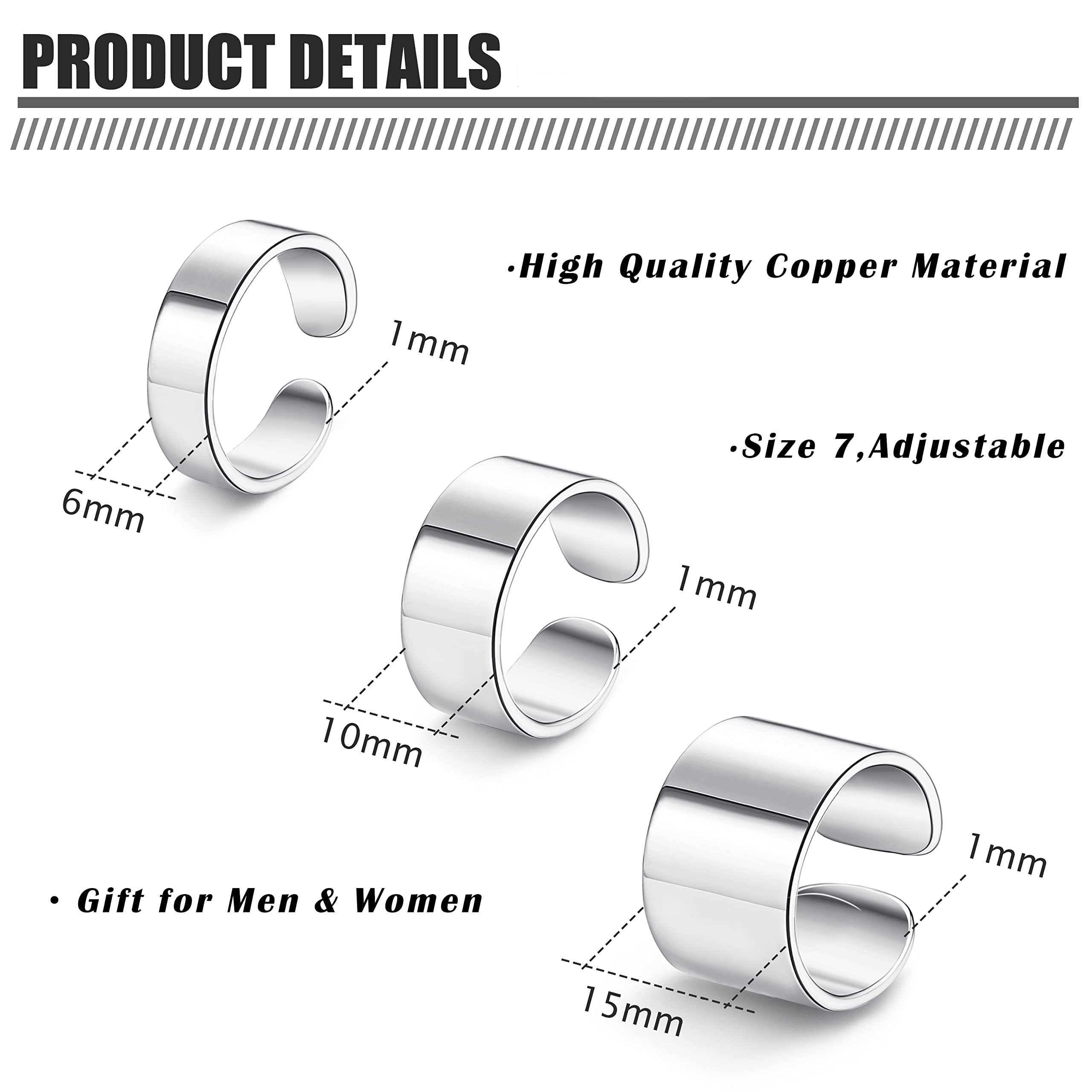 Kakonia 3PCS Adjustable Rings for Women Men Open Knuckle Wide Rings Flat Plain Band Cuff Ring Set Width 6/10/15MM