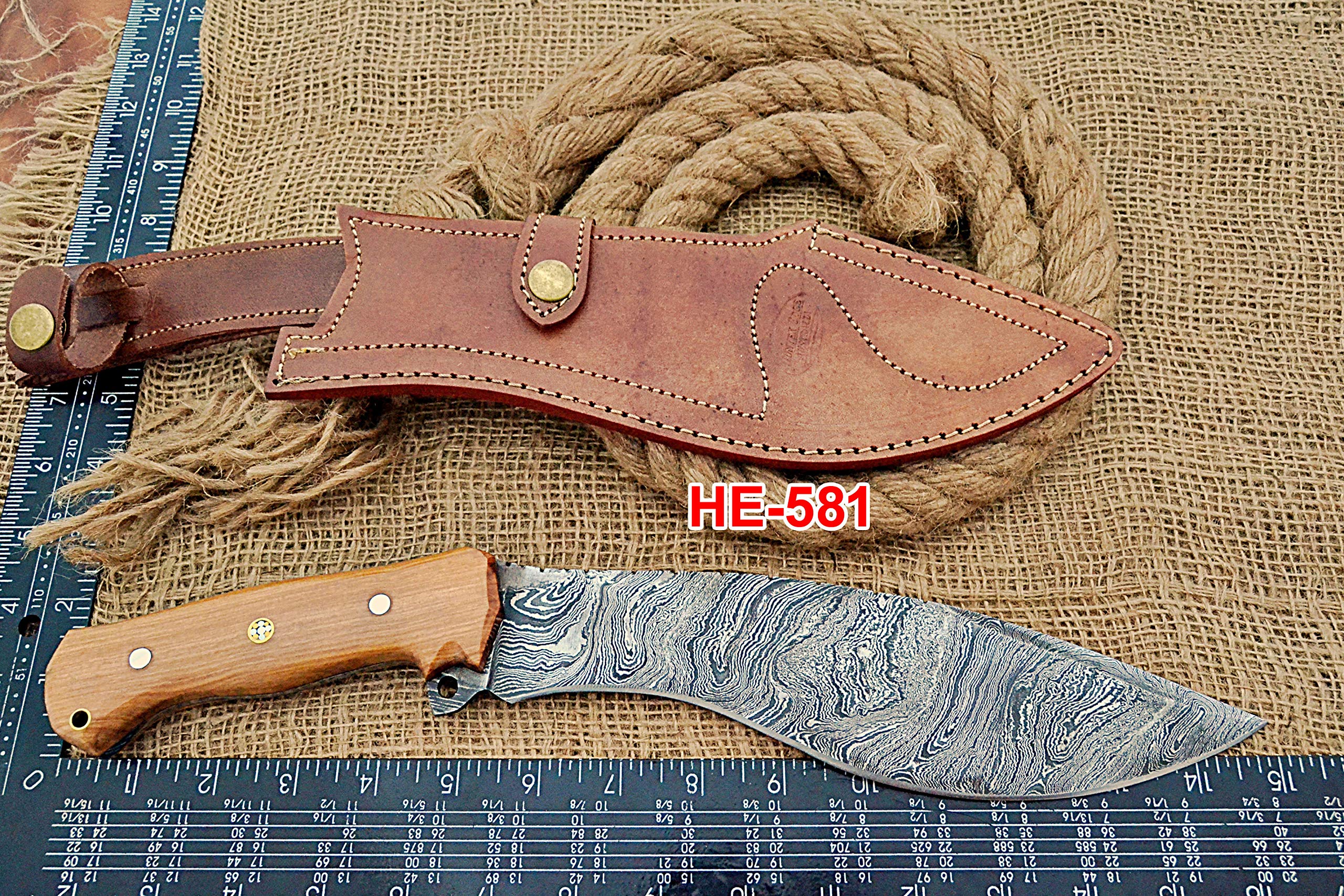 HUNTEX Handmade Hand-Forged Twist Pattern Damascus Steel 15 Inch Long Full Tang Natural Oak Wood Handle Razor Sharp Hunting Camping Kukri Knife w/Genuine Leather Sheath