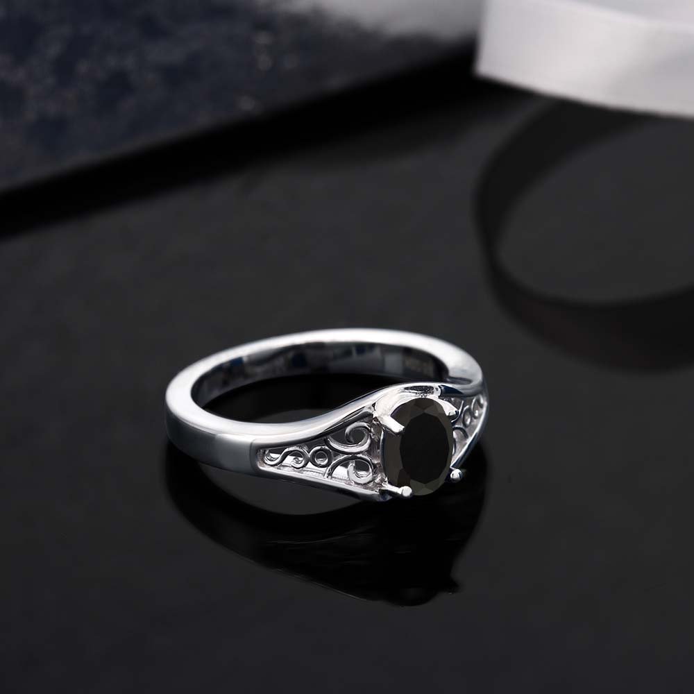 Gem Stone King 925 Sterling Silver Black Onyx Solitaire Ring For Women (0.68 Cttw, Gemstone Birthstone, Oval 7X5MM, Available In Size 5, 6, 7, 8, 9)