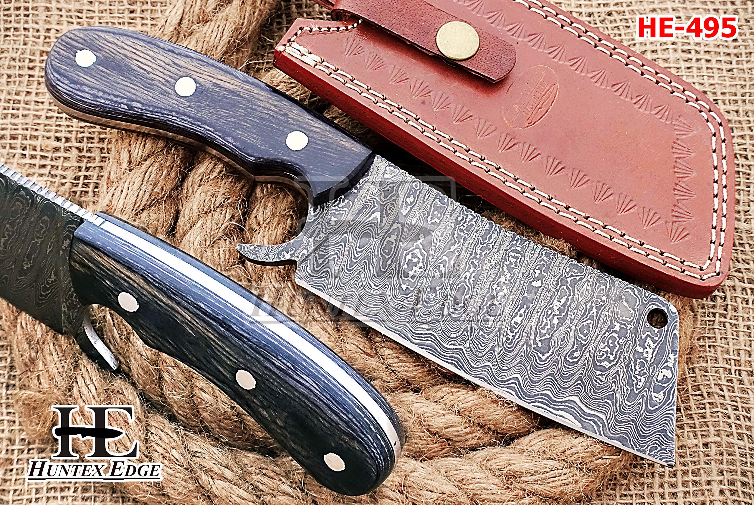 HUNTEX Handmade Hand-Forged Ladder Pattern Damascus Steel 9.5 Inch Long Full Tang Pakka Wood Handle Razor Sharp Hunting Camping Cleaver Knife w/Genuine Leather Sheath