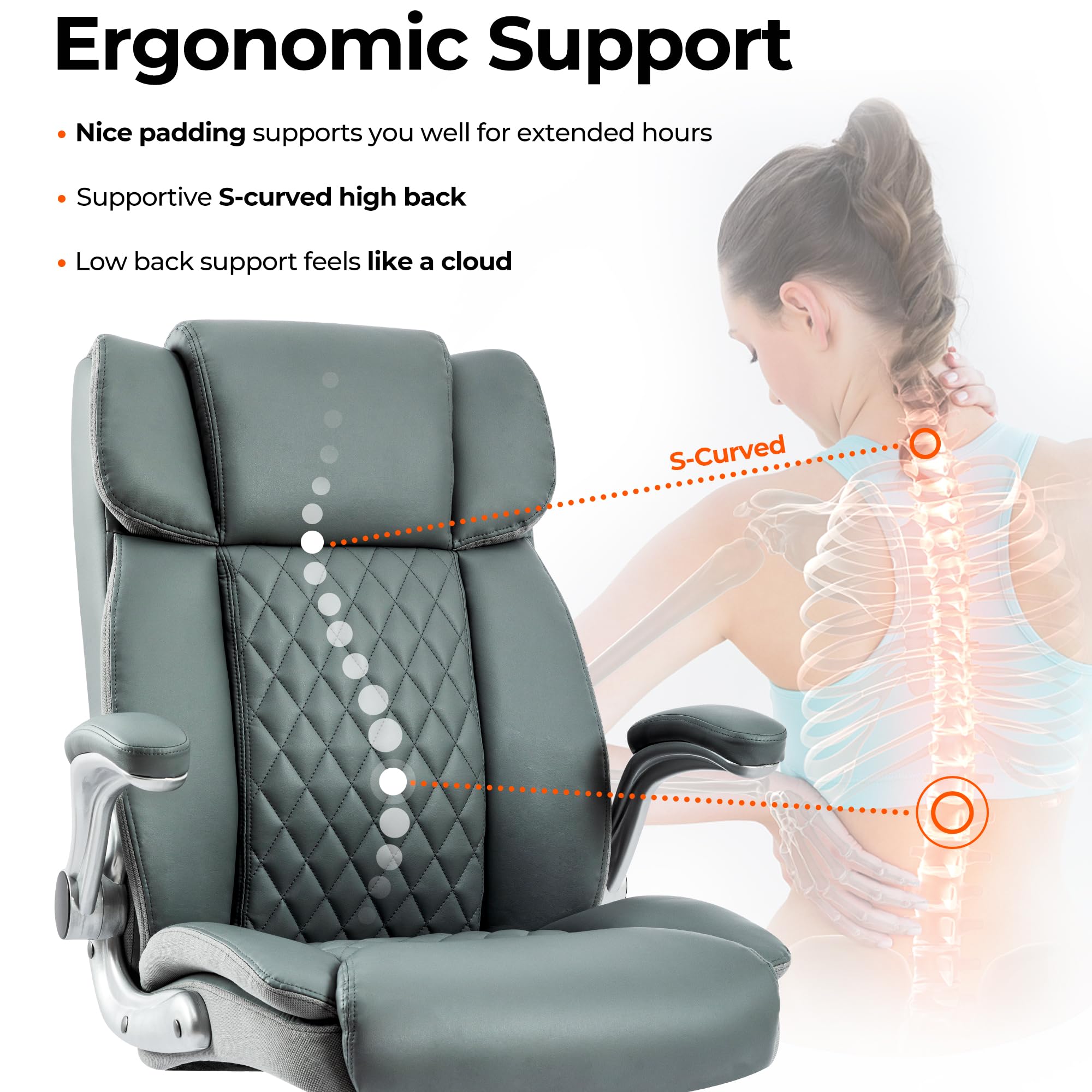 HOMYEDAMIC High Back Ergonomic Office Chair, Flip Arms Big & Tall Executive Swivel PU Bonded Leather Computer Chairs Adjustable Tilt Angle, Wide Thick Seat, Design for Back Pain (7011-Grey)