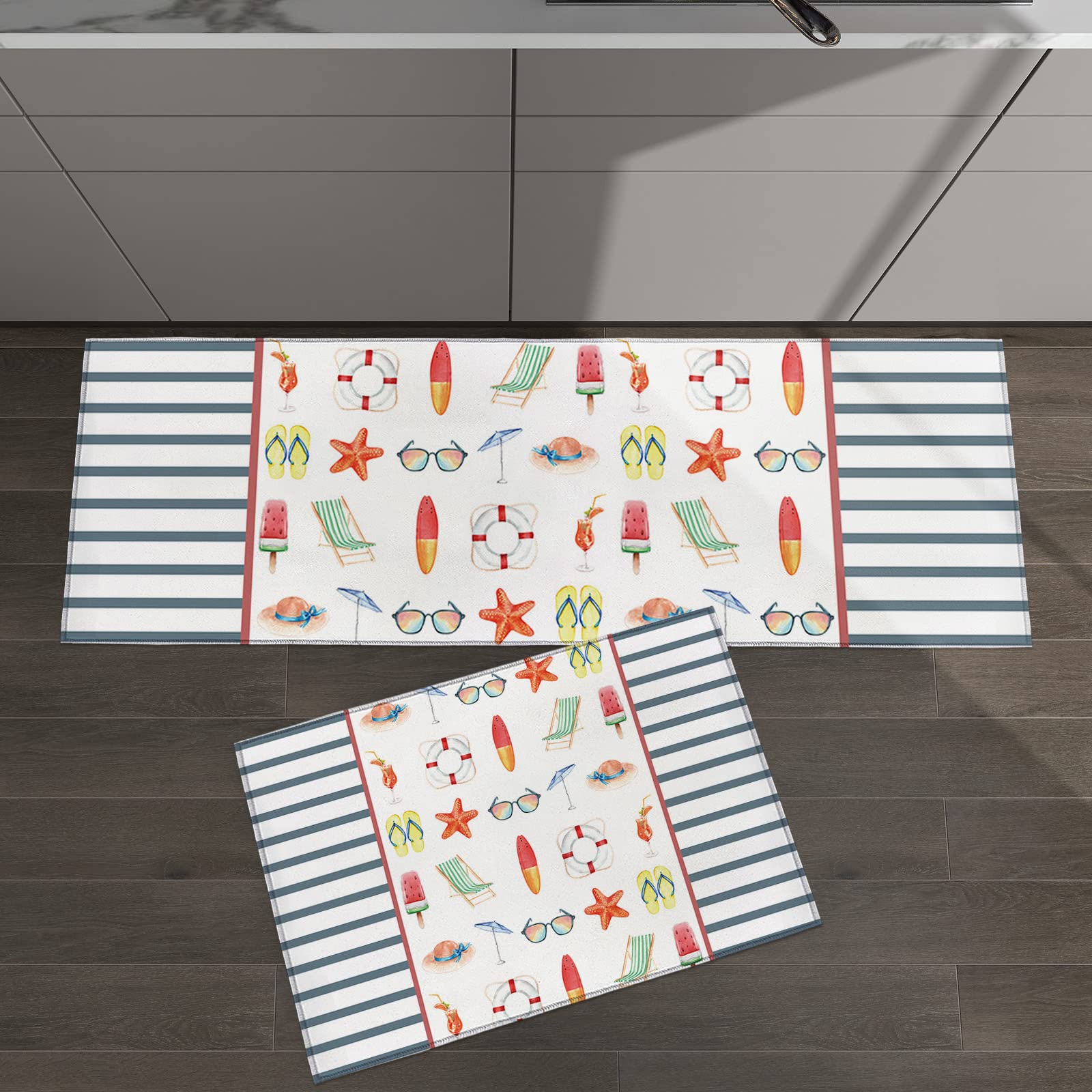 IDOWMAT Kitchen Rug Sets of 2 - Absorbent Non-Slip Kitchen Mats Navy Blue Stripes Beach Swim Ring Ice Cream Sunglasses Floor Comfort Mats Doormat for Kitchen Office Laundry 15.7x23.6in + 15.7x47.2in