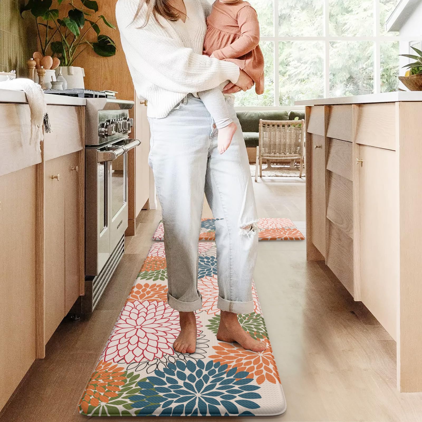 Kitchen Rugs and Mats Cushioned Anti Fatigue Kitchen Mat 2PCS Non-Skid Waterproof Kitchen Runner Rug Comfort Foam Standing Mat for Floors,Office,Laundry,Sink,Floral