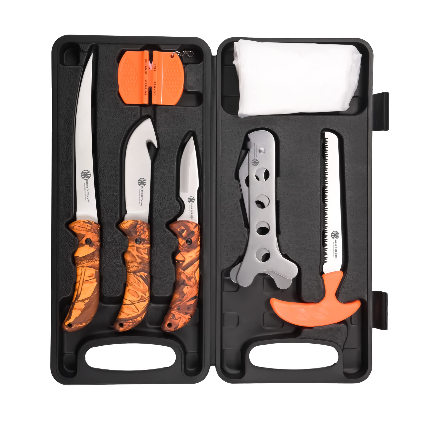 KNINE OUTDOORS Hunting Field Dressing Kit Deer Processing Knife Set Red Maple Camo Handle Portable Game Processor Set with Nylon Belt Sheath, 8 Pieces