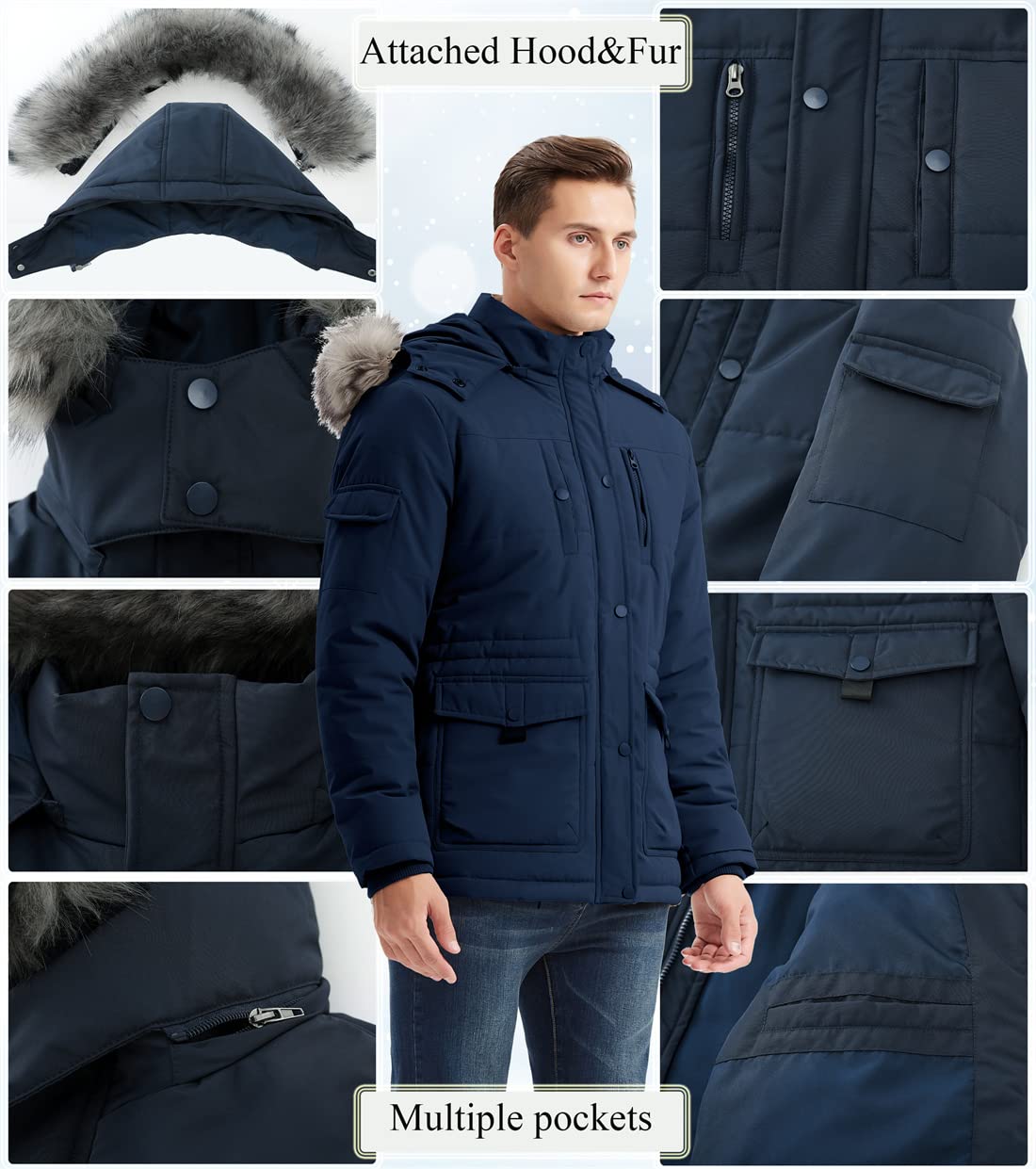 GGleaf Men's Winter Parka Jacket Hooded Thickened Padded Heavyweight Warm Coat with Detachable Fur Hood Navy XL