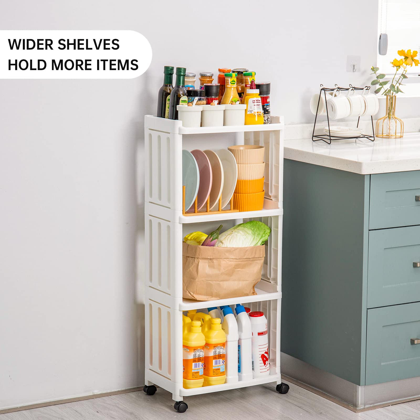 HAIXIN 4-Tier Plastic Utility Rolling Cart with Wheels, Mobile Storage Shelves Organizer, Snack Cart Organizer, Multi-Functional Storage Trolley for Kitchen, Bathroom, Living Room, Office, Dorm, White