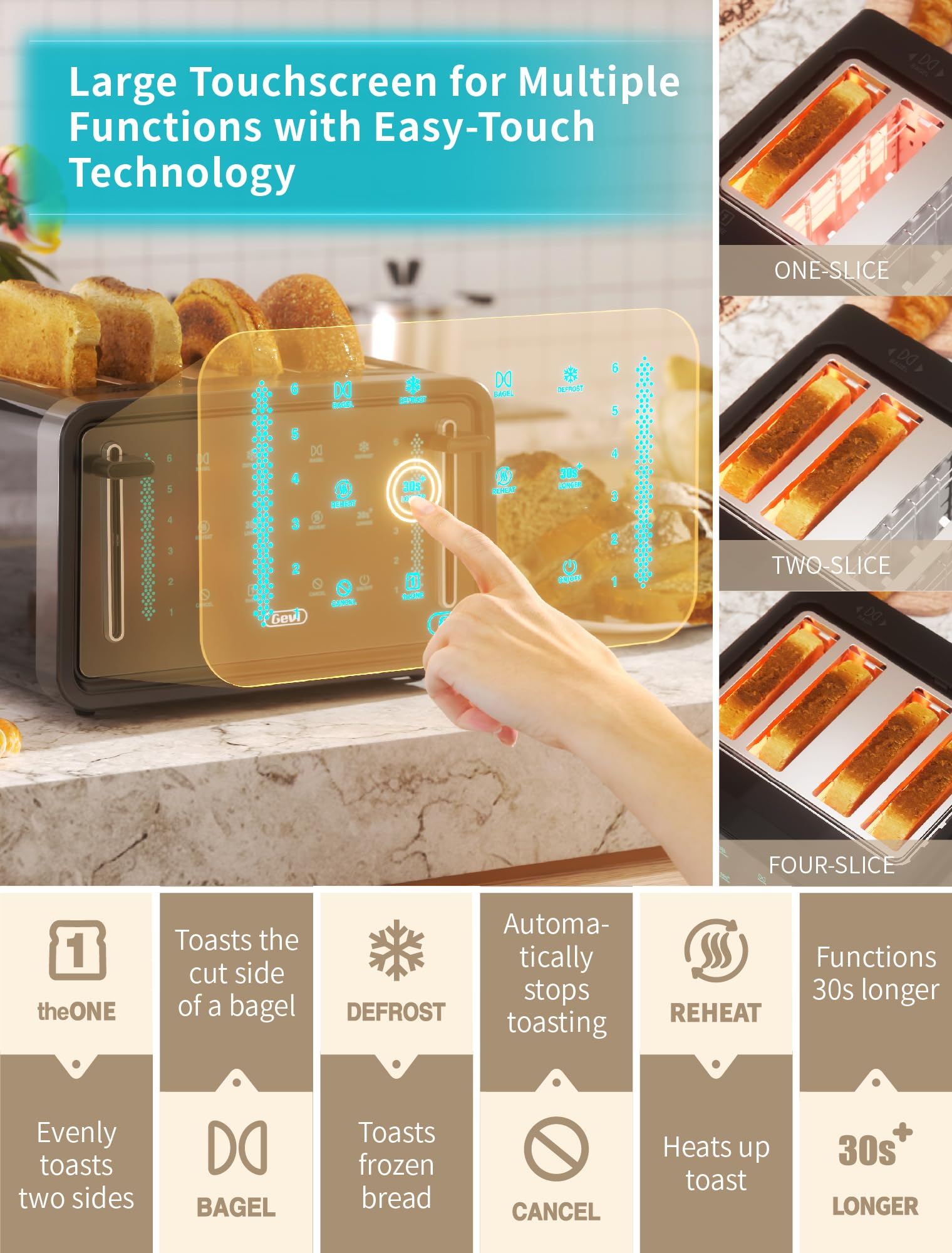 Gevi Toaster 4 Slice,Led Display Touchscreen Bagel Toaster with Dual Control Panels of Bagel/Reheat/Defrost/Cancel/Toasting One Slice/Longer Function,6 Shade Setting